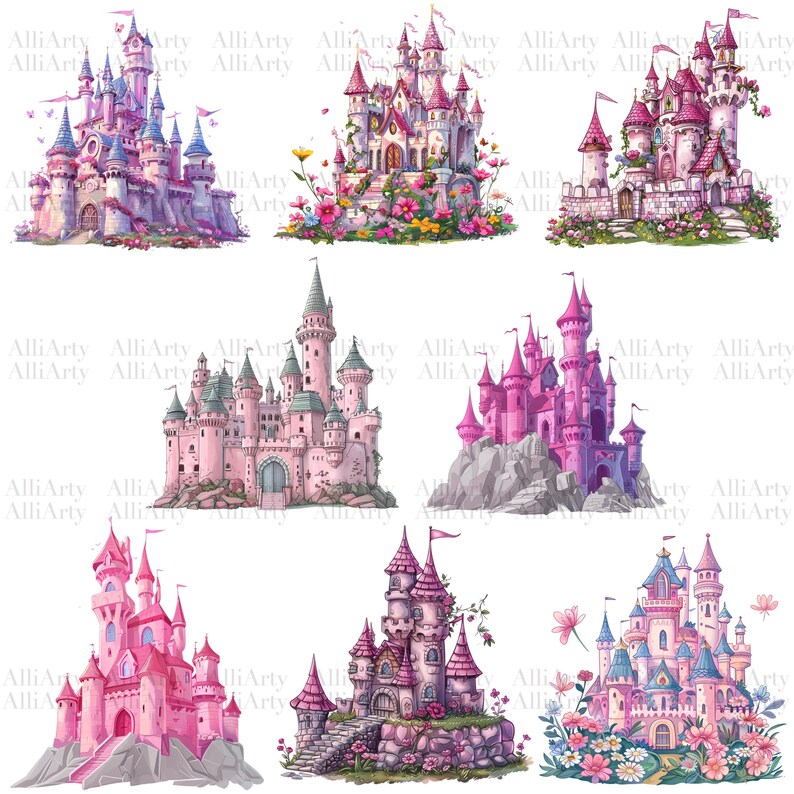 Watercolor Pink Fairytale Castle Clipart, 17 PNG File, Instant Download ...