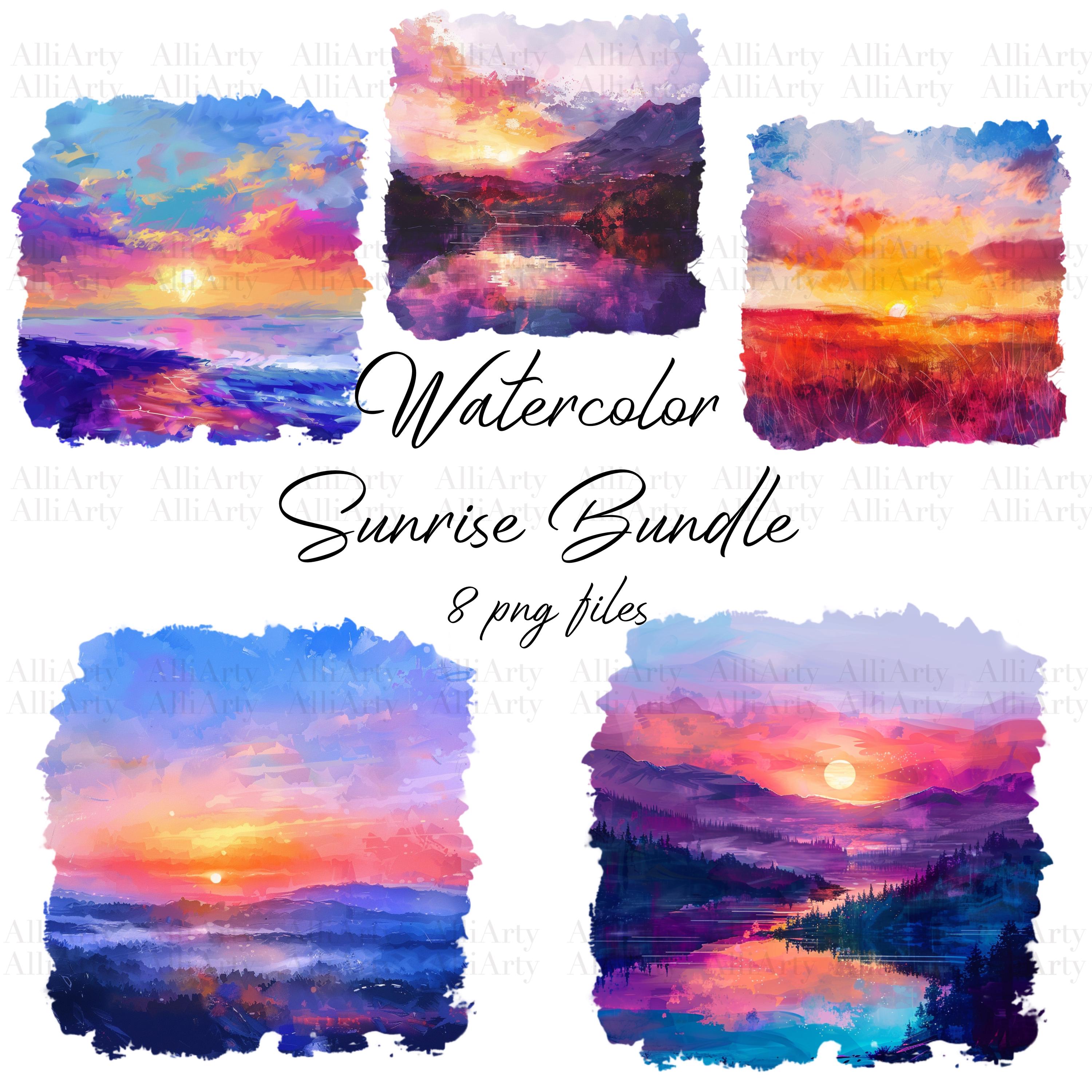 Watercolor Sunrise Landscape Clipart, 8 PNG Files, Instant Download ...