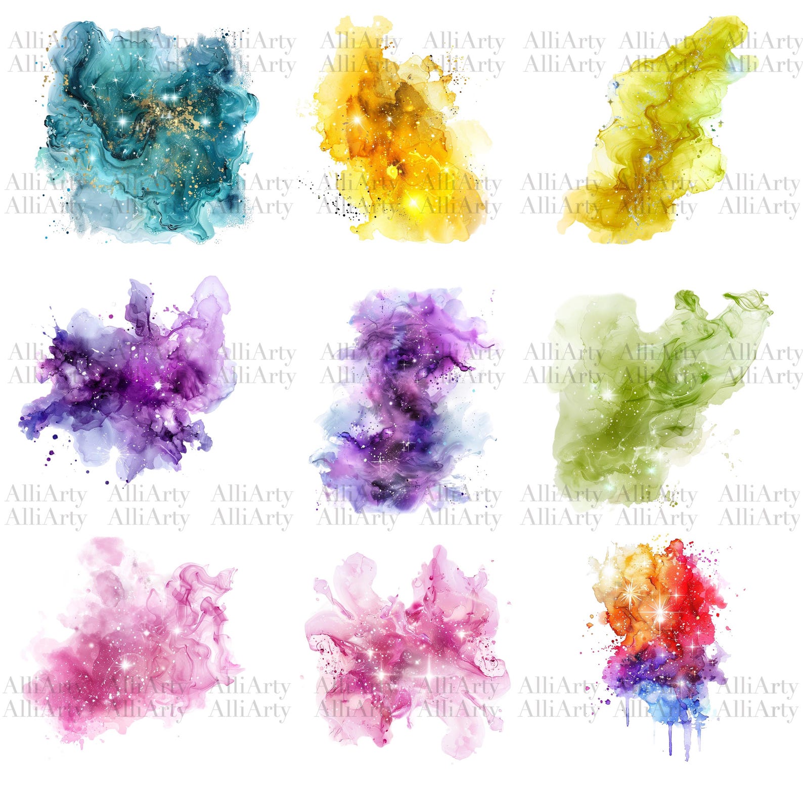 Watercolor Shiny Splash Alcohol Clipart, 24 PNG Files, Instant Download ...