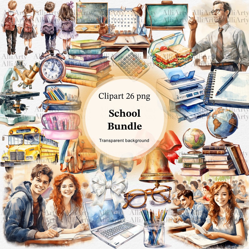Watercolor School Clipart, 26 PNG Files, Instant Download Pupils ...