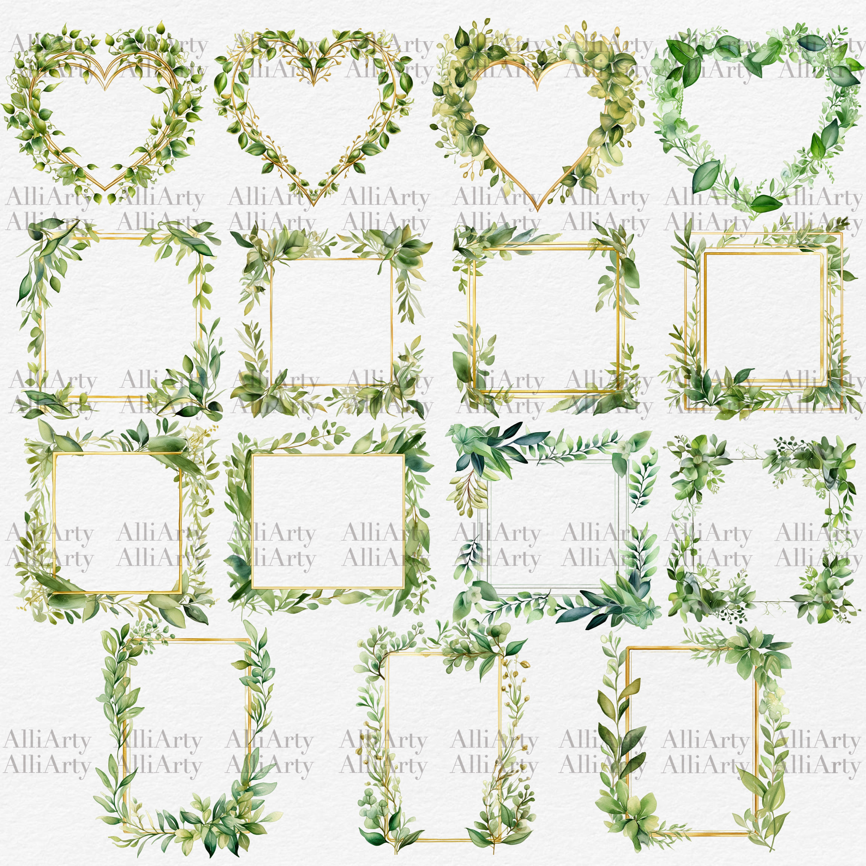 Watercolor Greenery Frames Borders Clipart, 40 PNG Files, Instant ...