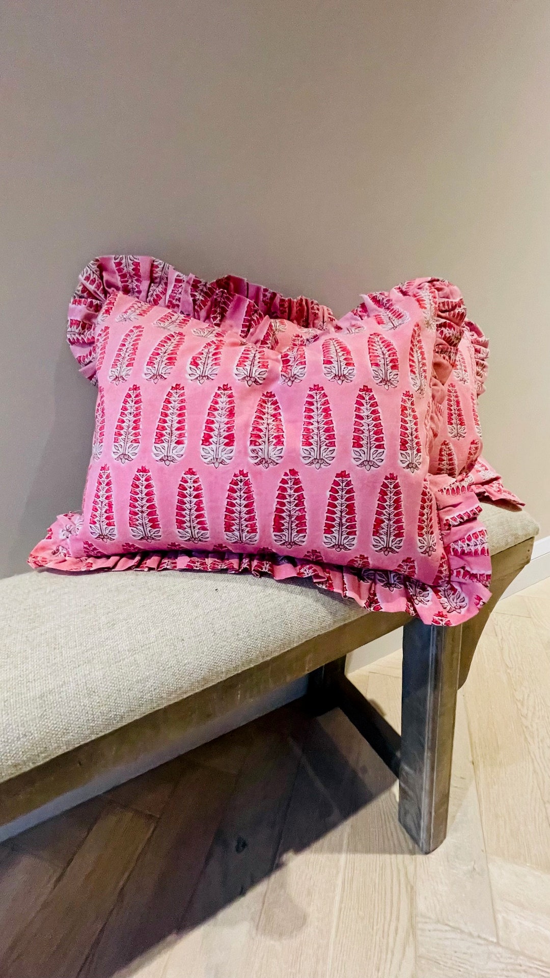 Indian Blockprint Cushion, Boho Cushion, Frilly Cushion, Pink Cushion ...