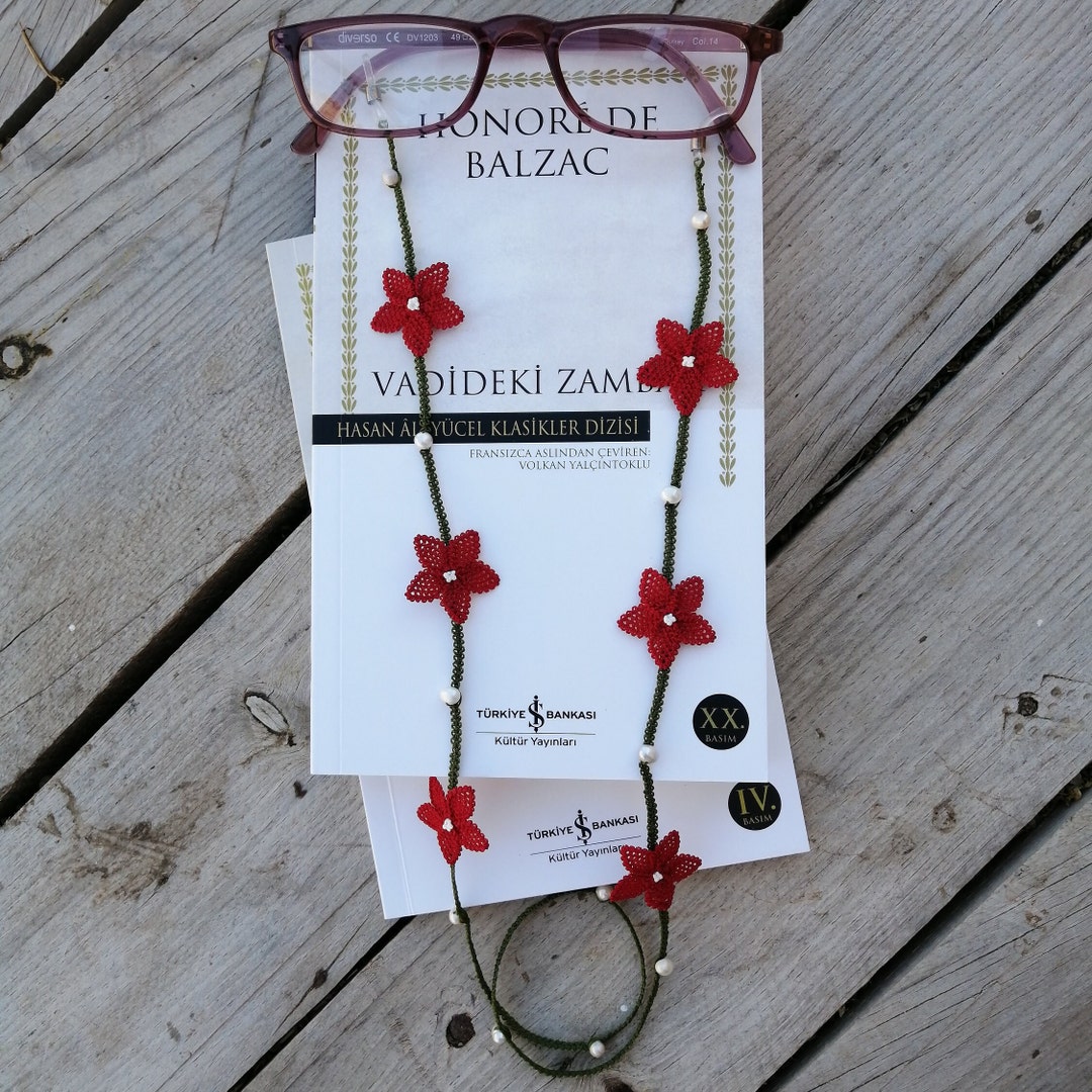 Red Flower Hand-knitted Eyeglass Strap Pearl Beaded Crochet - Etsy