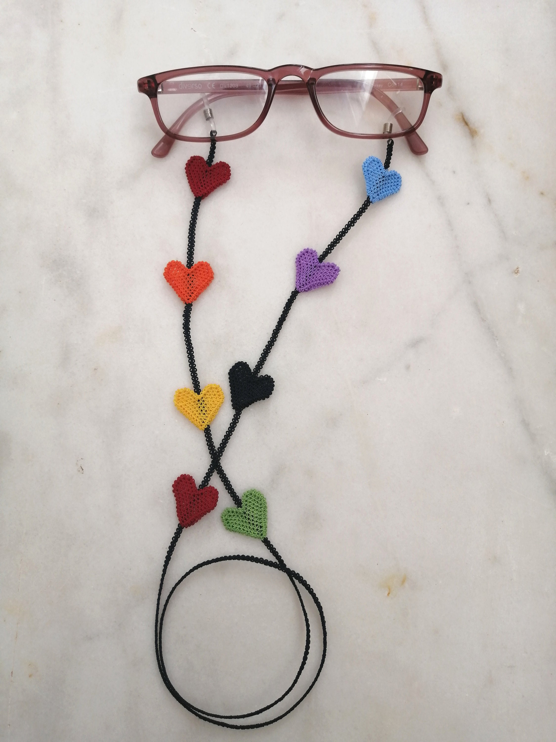 Rainbow Heart Crochet Glasses String, Turkish Handmade Glasses Strap ...