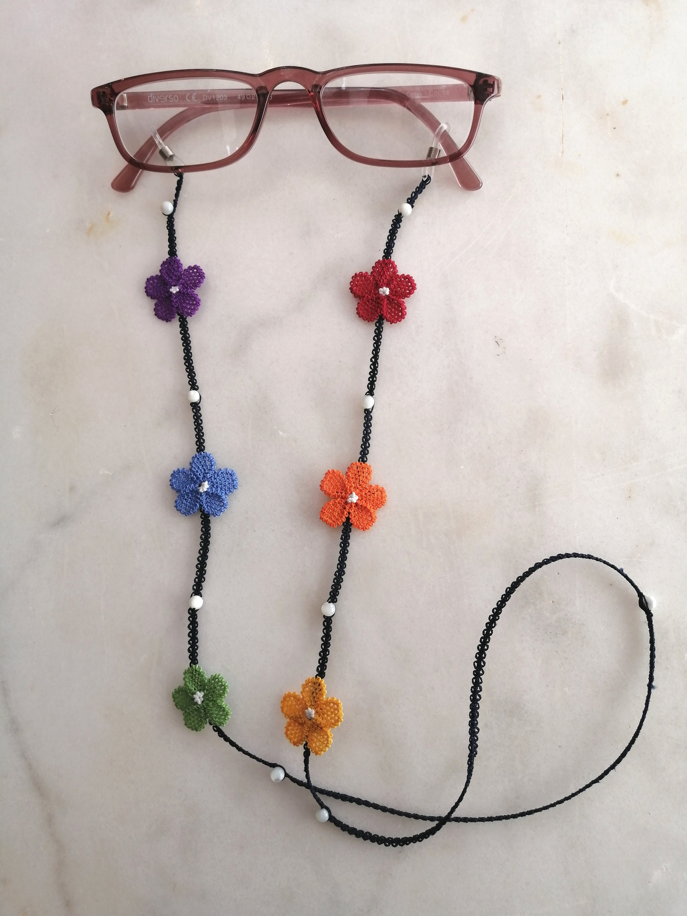 Rainbow Flower Hand-knitted Eyeglass Strap: Turkish Lace Glasses Chain ...
