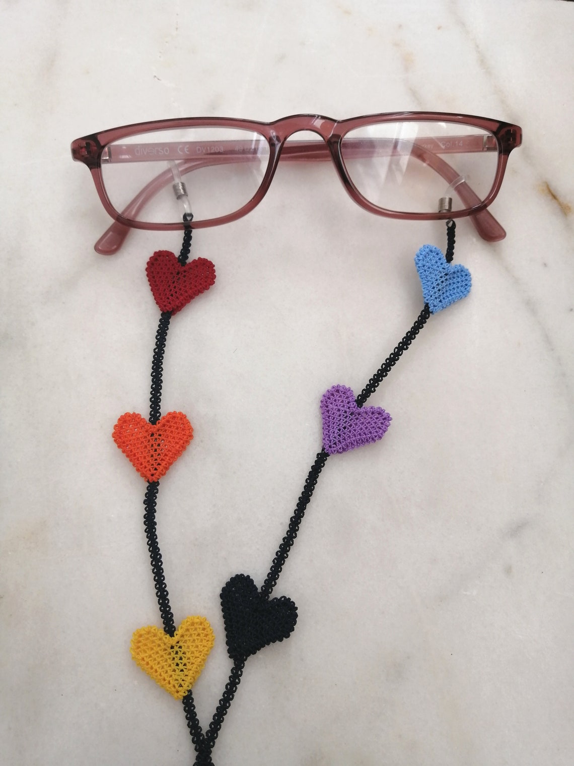 Rainbow Heart Needle Lace Eyeglass Chain: Traditional Turkish Oya Art ...