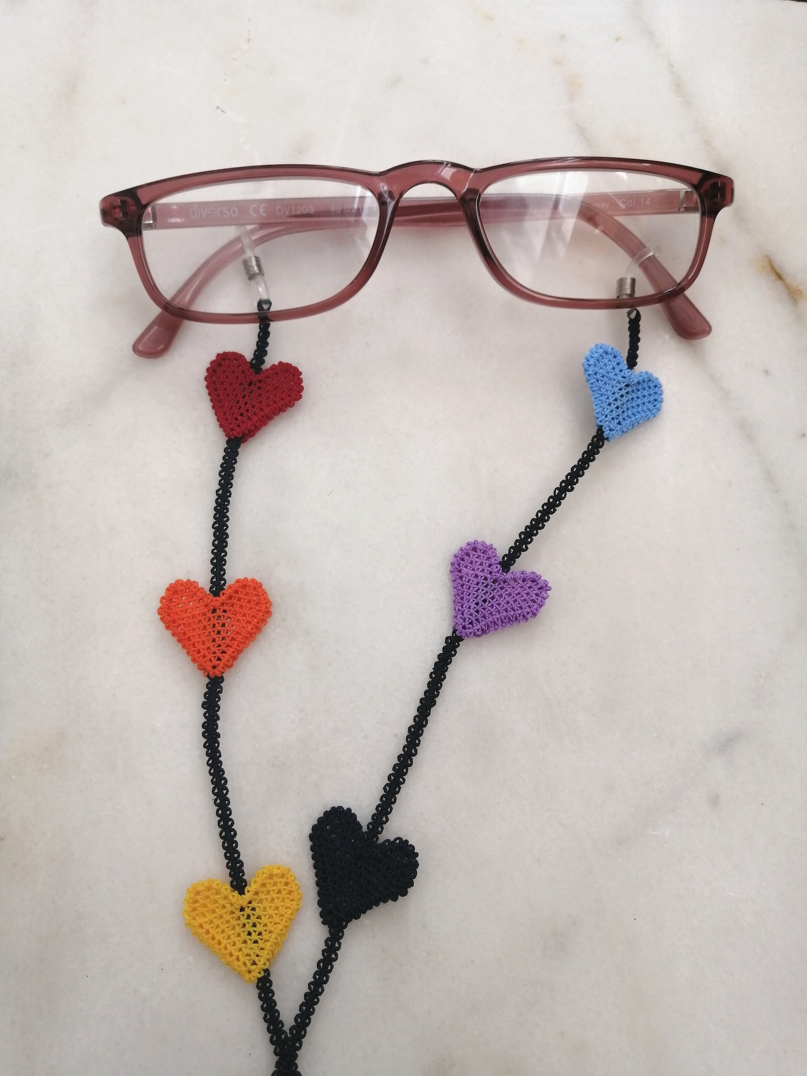 Rainbow Heart Crochet Glasses String, Turkish Handmade Glasses Strap ...