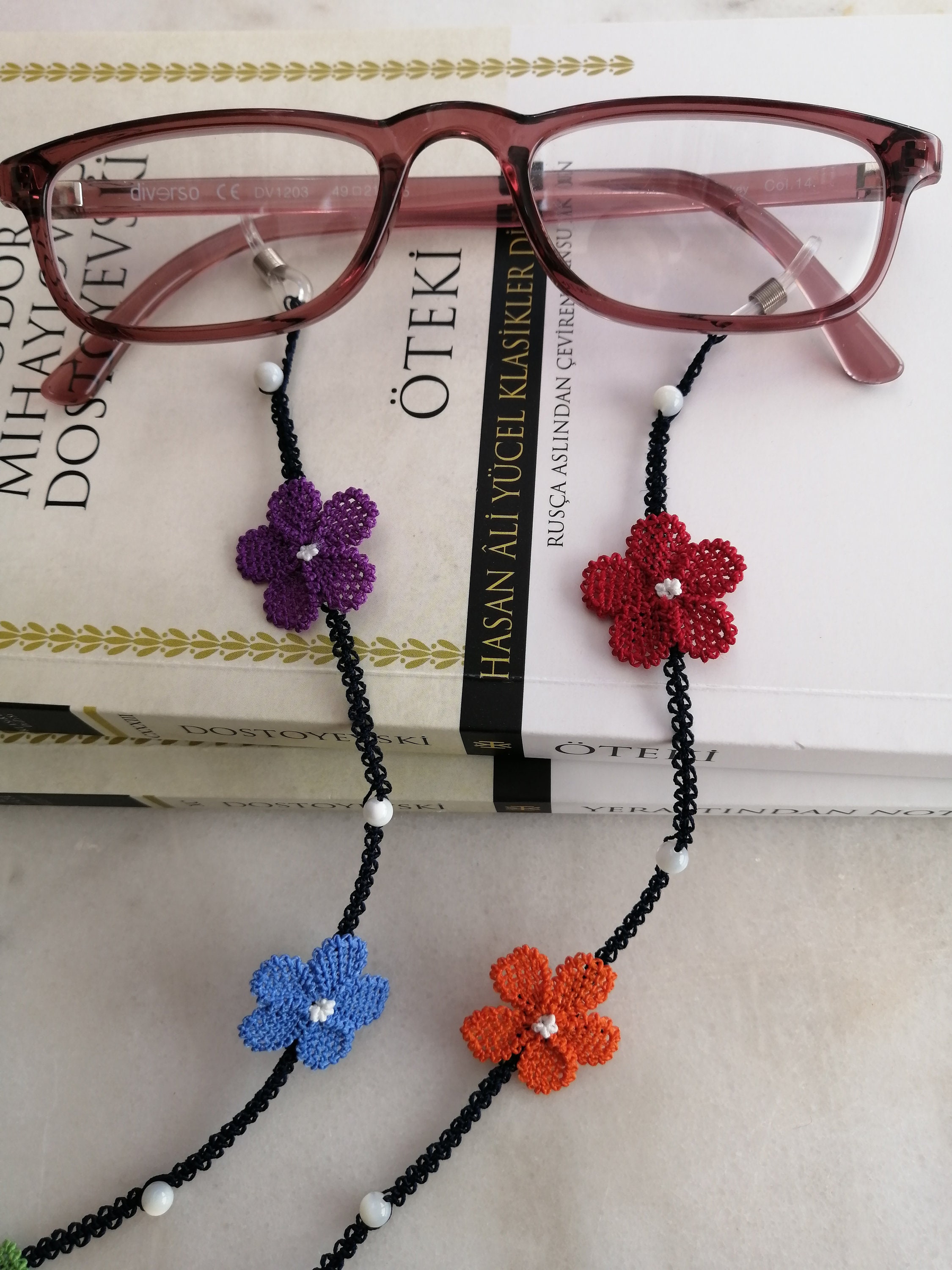 Rainbow Flower Hand-knitted Eyeglass Strap: Turkish Lace Glasses Chain ...