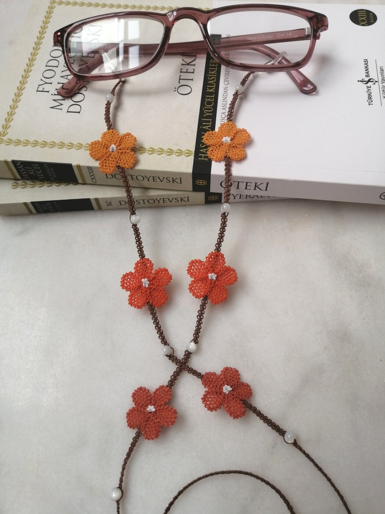 Orange Floral Crochet Eyeglass Chain, Flower Handmade Glasses Strap ...