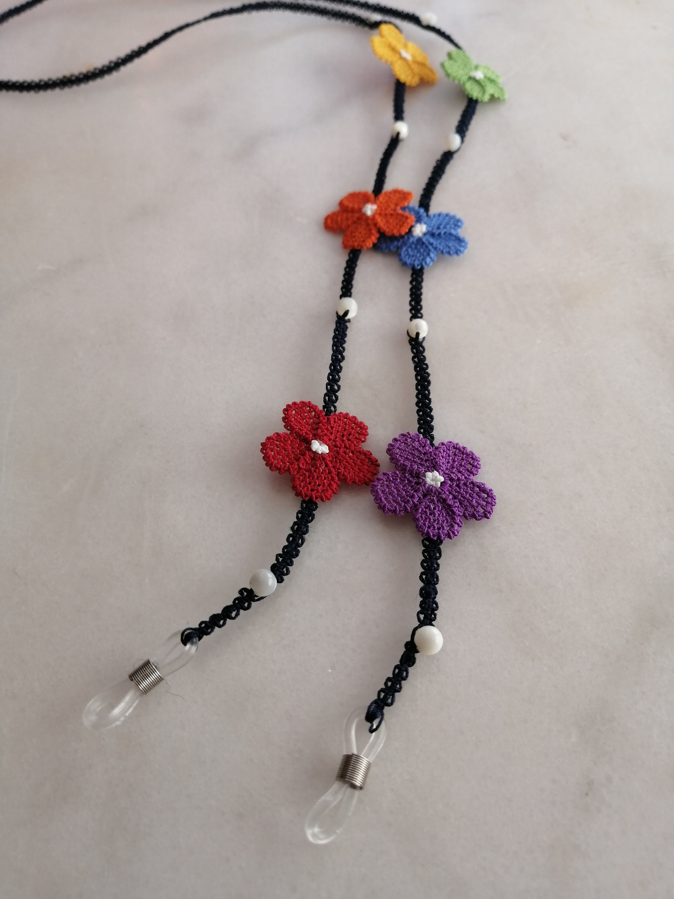 Rainbow Flower Hand-knitted Eyeglass Strap, Floral Handmade Glass Chain ...