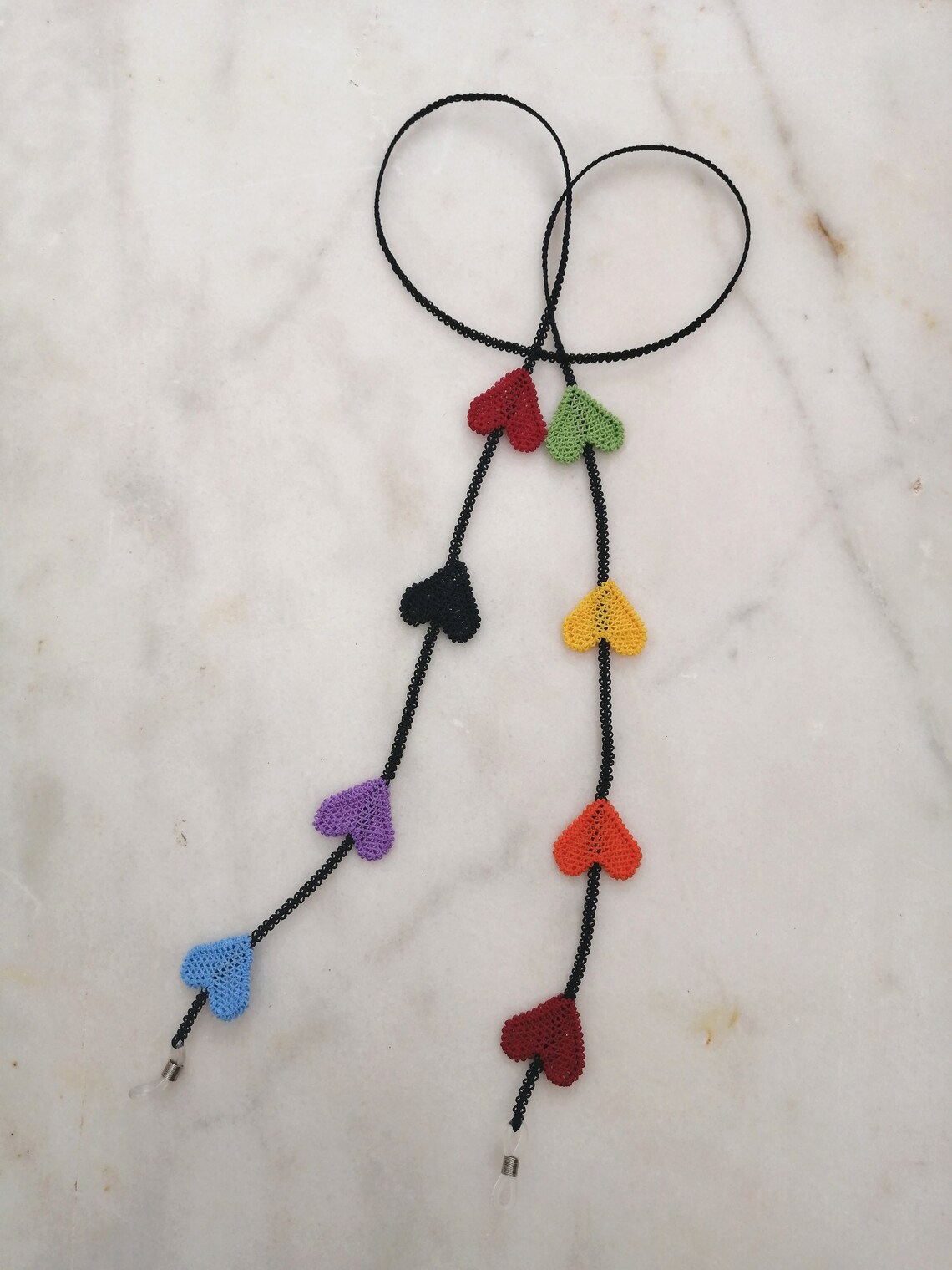 Rainbow Heart Needle Lace Eyeglass Chain: Traditional Turkish Oya Art ...