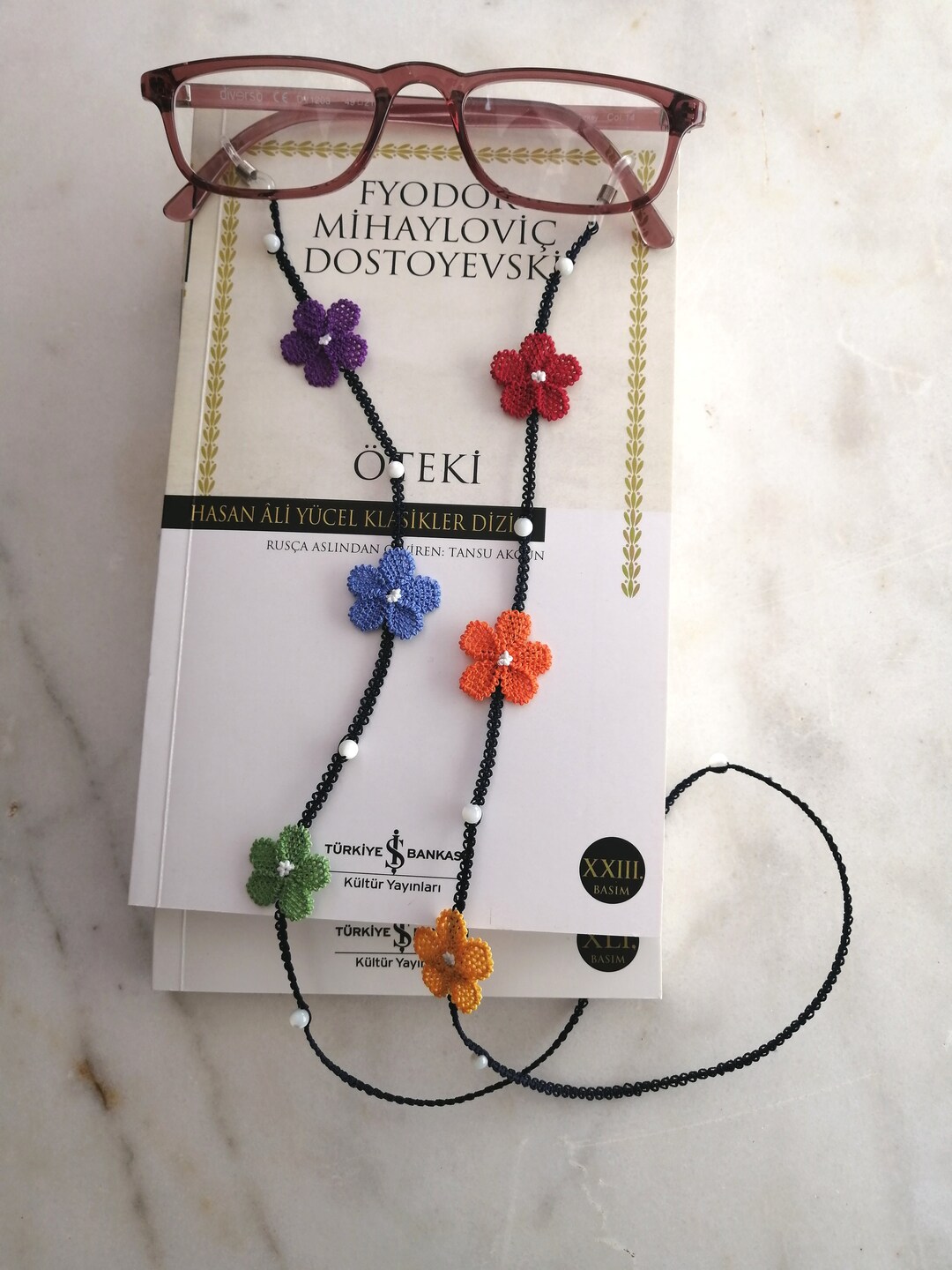 Rainbow Flower Hand-knitted Eyeglass Strap, Floral Handmade Glass Chain ...