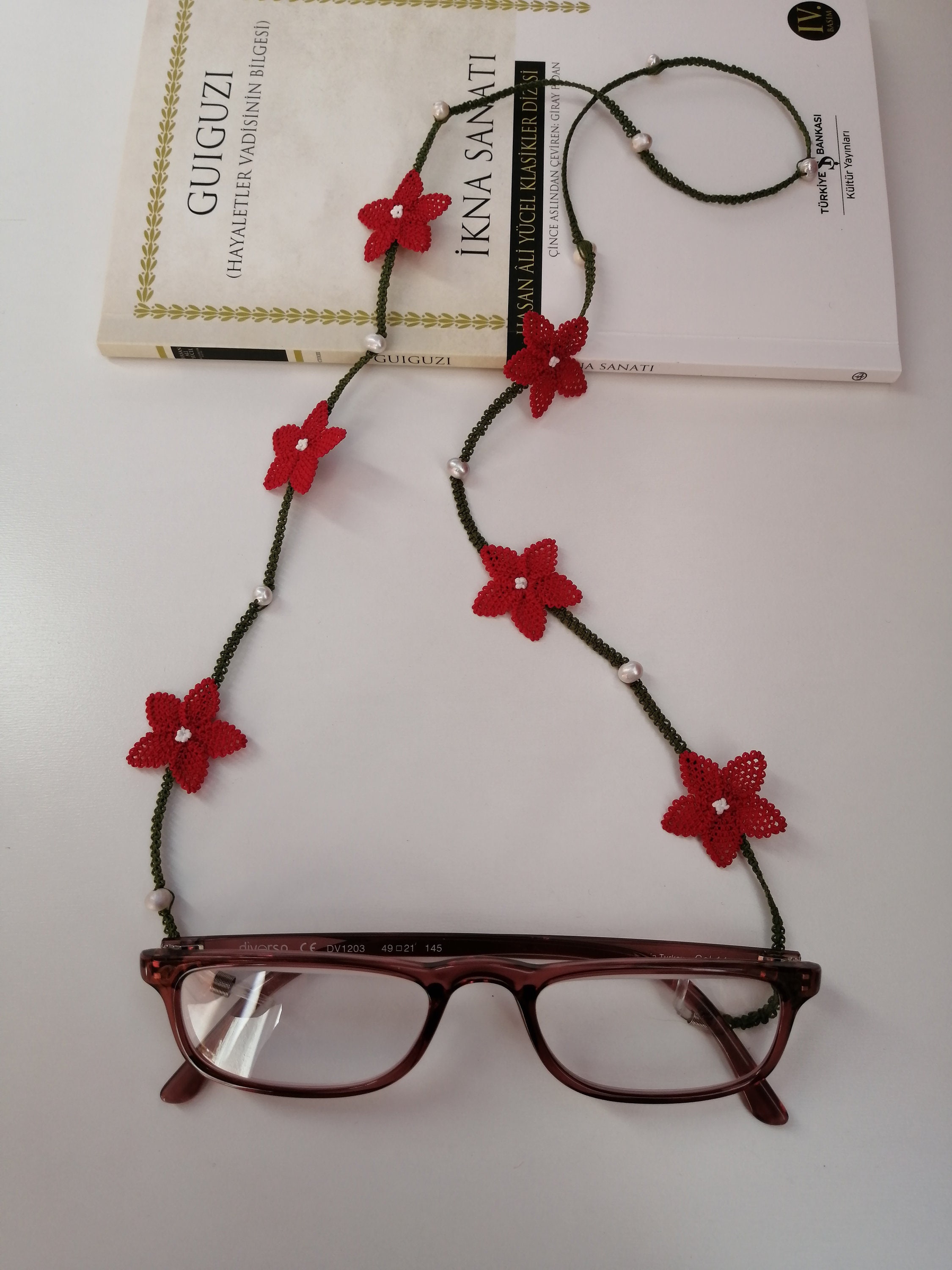 Red Flower Hand-knitted Eyeglass Strap Pearl Beaded Crochet - Etsy