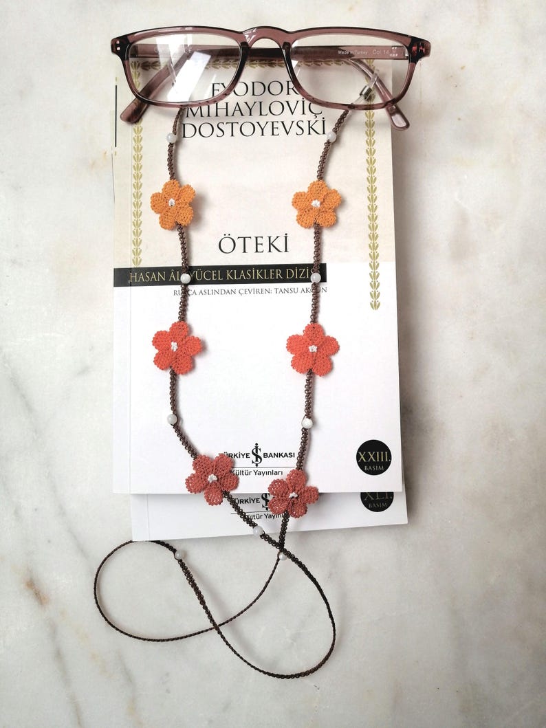 Orange Floral Crochet Eyeglass Chain, Flower Handmade Glasses Strap ...