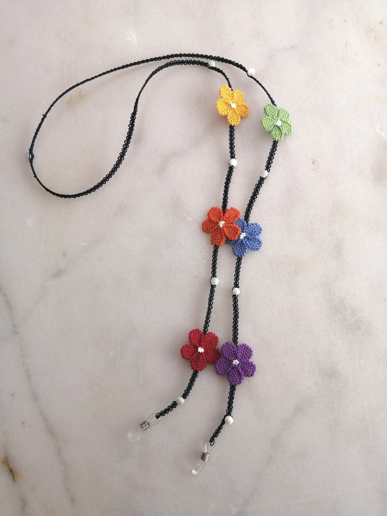 Rainbow Flower Hand-knitted Eyeglass Strap: Turkish Lace Glasses Chain ...