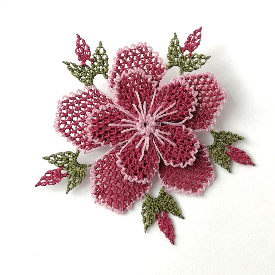 Pink Flower With Leaves Brooch, Turkish Knotting Minimalist Floral ...