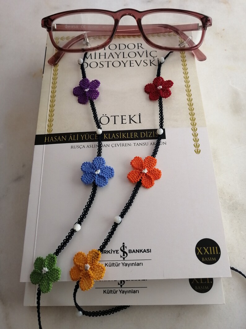 Rainbow Flower Hand-knitted Eyeglass Strap, Floral Handmade Glass Chain ...