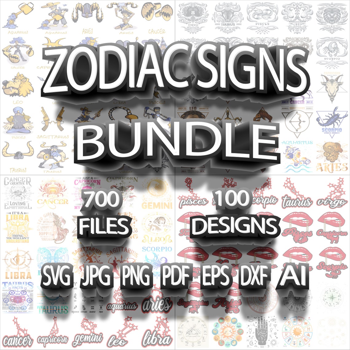 Zodiac Signs Bundle, Svg, Png, Jpg, Pdf, Dxf, Eps, Ai Formats, Zodiac ...