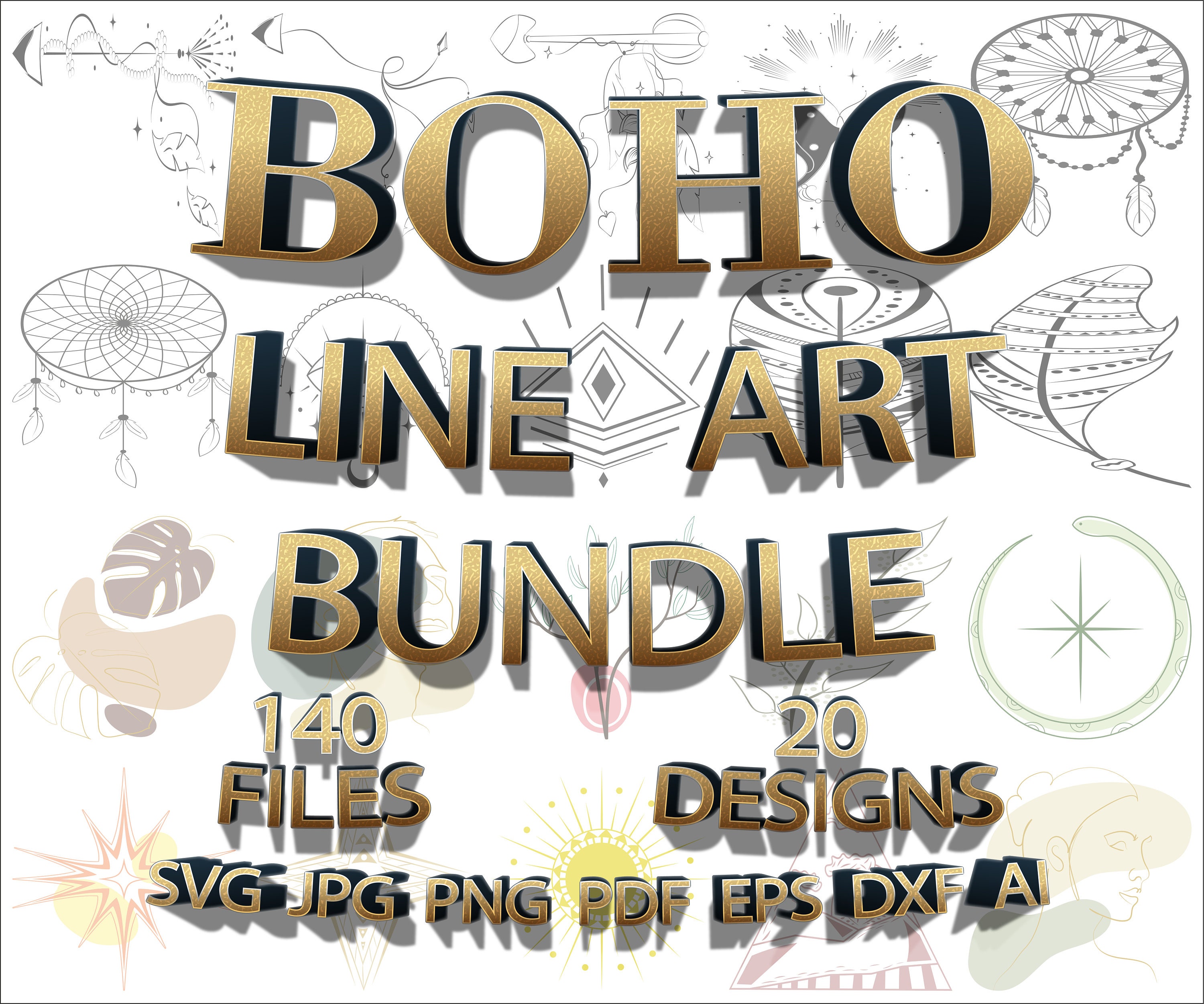 Boho Line Art Bundle, Boho Line Art Designs, Printable, Editable ...