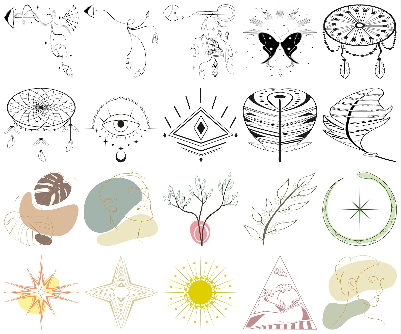 Boho Line Art Bundle, Boho Line Art Designs, Printable, Editable ...