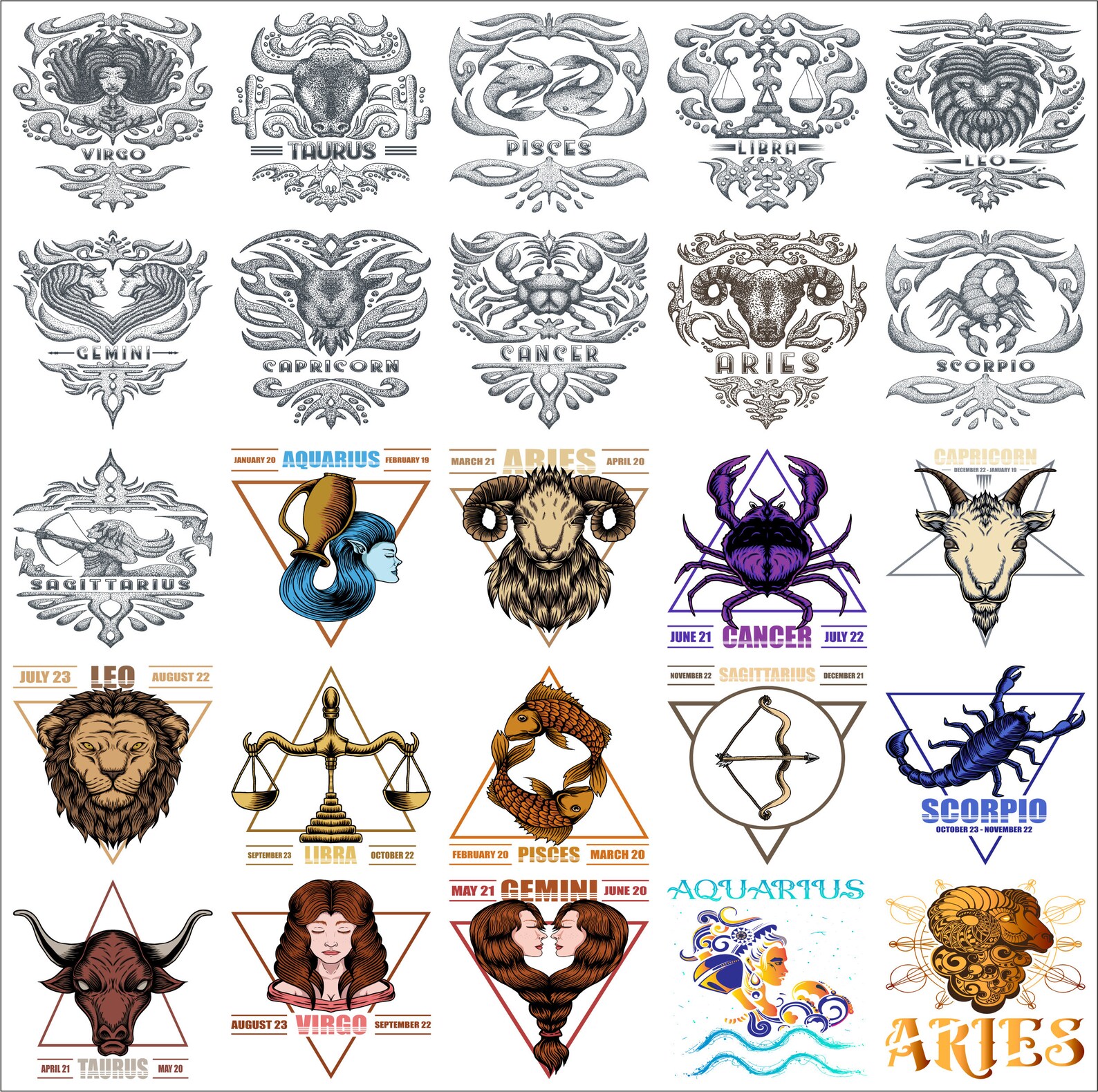 Zodiac Signs Bundle, Svg, Png, Jpg, Pdf, Dxf, Eps, Ai Formats, Zodiac ...