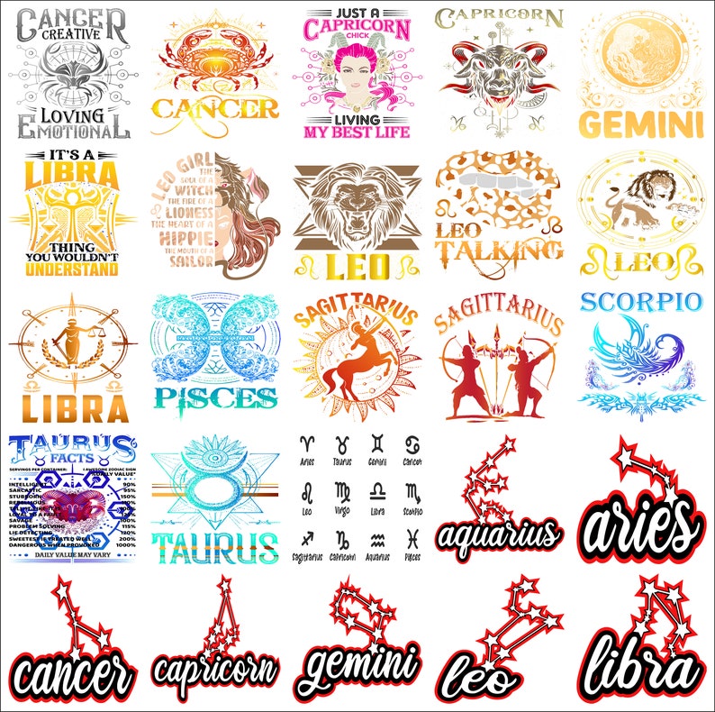 Zodiac Signs Bundle, Svg, Png, Jpg, Pdf, Dxf, Eps, Ai Formats, Zodiac ...