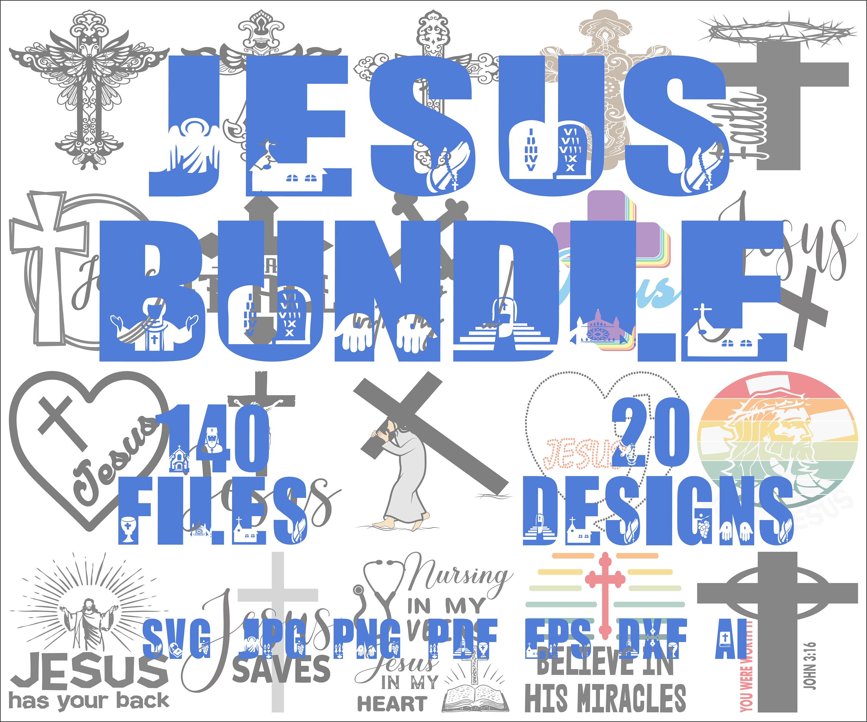 Jesus Bundle, Jesus Designs, Printable, Editable, Recolorable, 140 ...