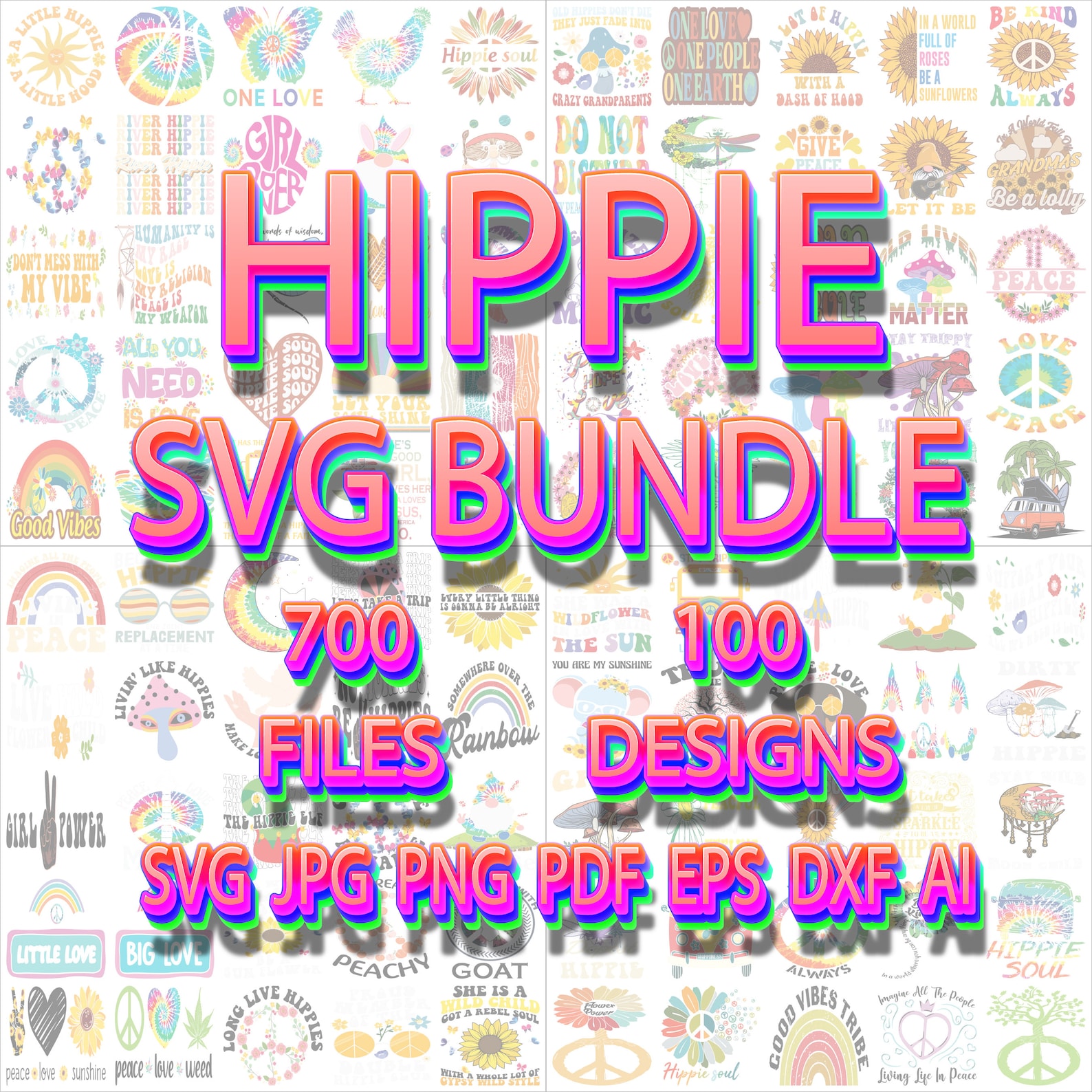 Hippie Bundle, Svg, Png, Jpg, Pdf, Dxf, Eps, Ai Formats, Hippie Quotes ...