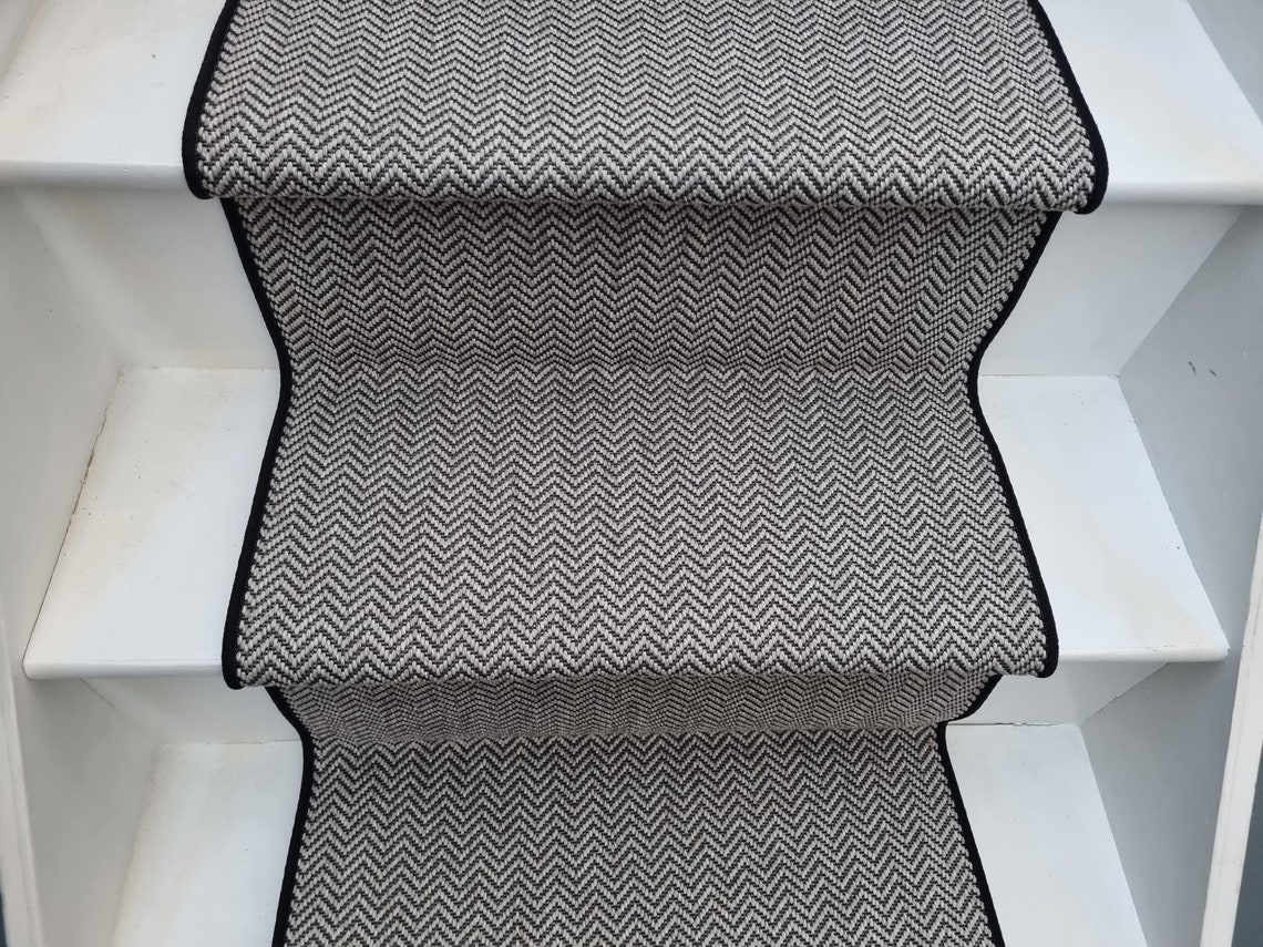 Whipped Edge Black and White Herringbone Faux Sisal Carpet Stair Runner ...