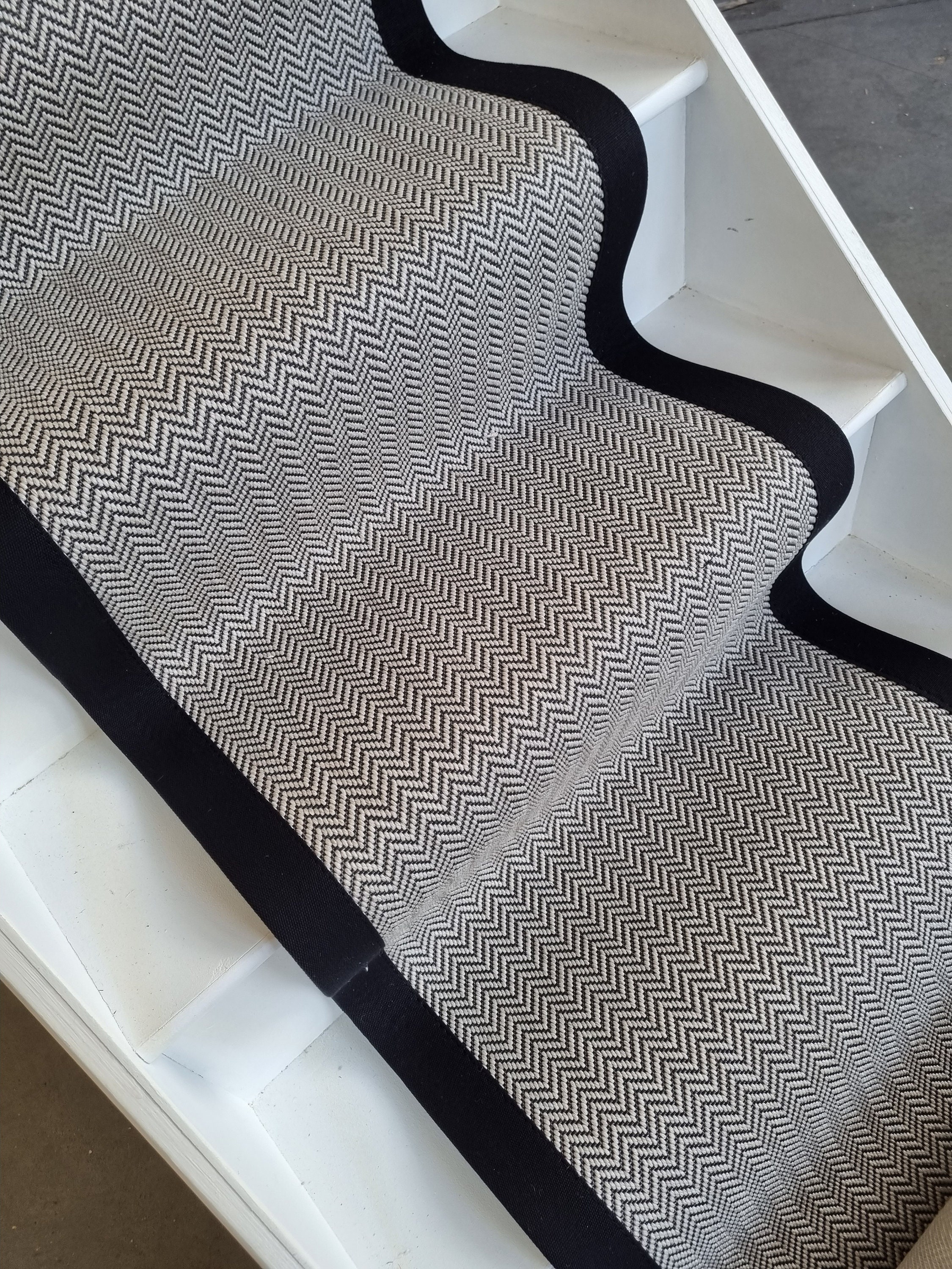 Black and White Herringbone Faux Sisal Carpet Stair Runner Black Cotton ...