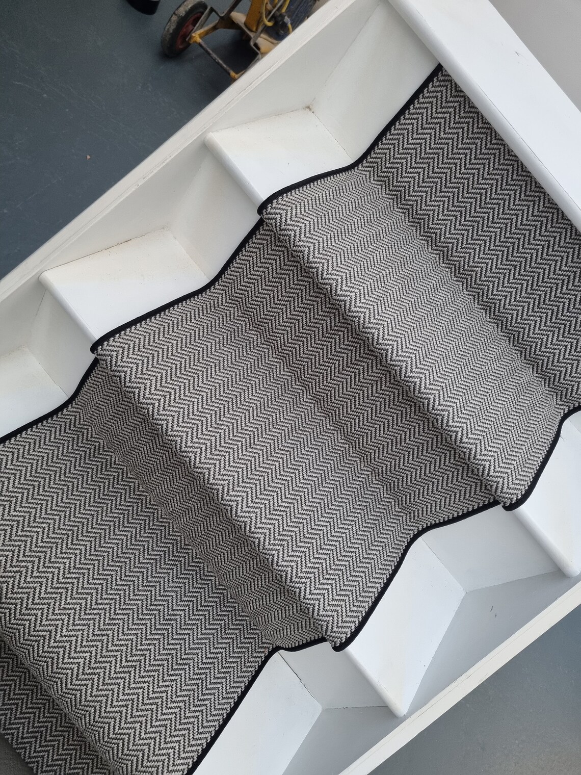 Whipped Edge Black and White Herringbone Faux Sisal Carpet Stair Runner ...