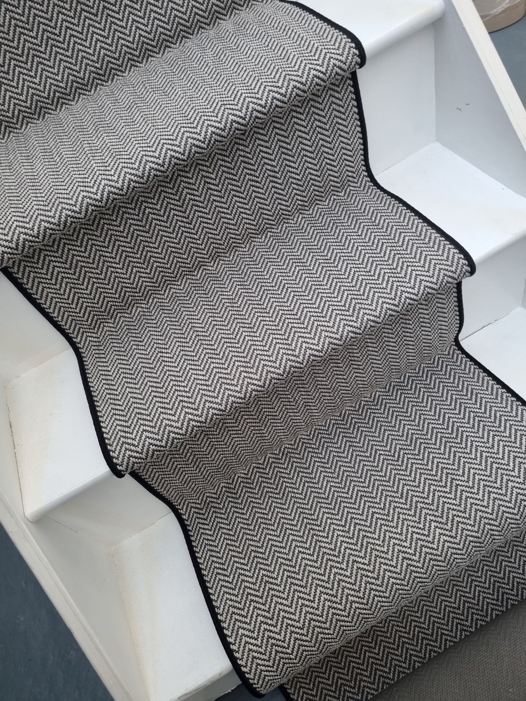 Whipped Edge Black and White Herringbone Faux Sisal Carpet Stair Runner ...