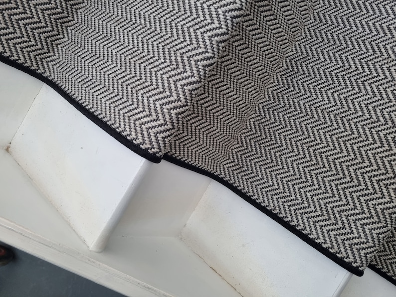 Whipped Edge Black and White Herringbone Faux Sisal Carpet Stair Runner ...