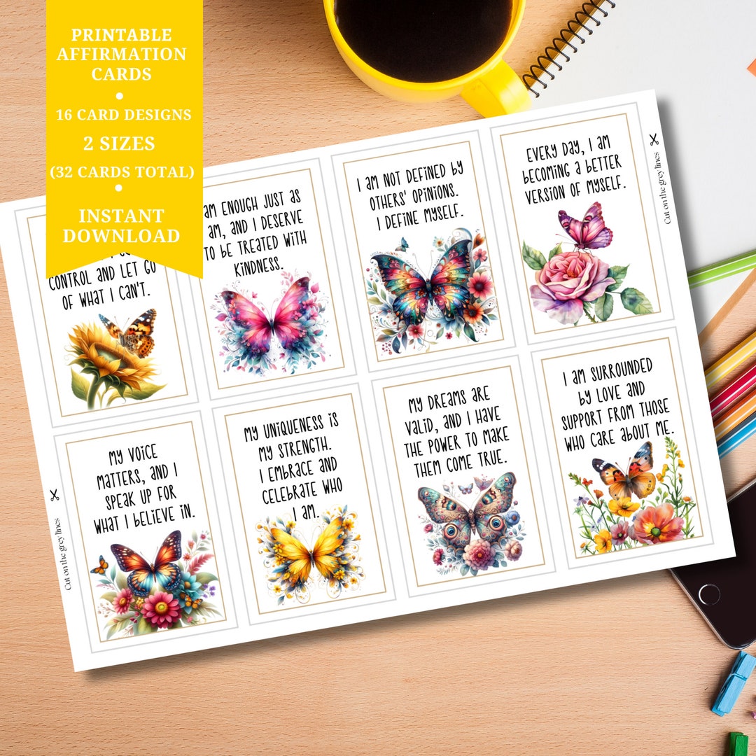 Printable Affirmation Cards With Butterfly Design, Inspirational Quotes ...