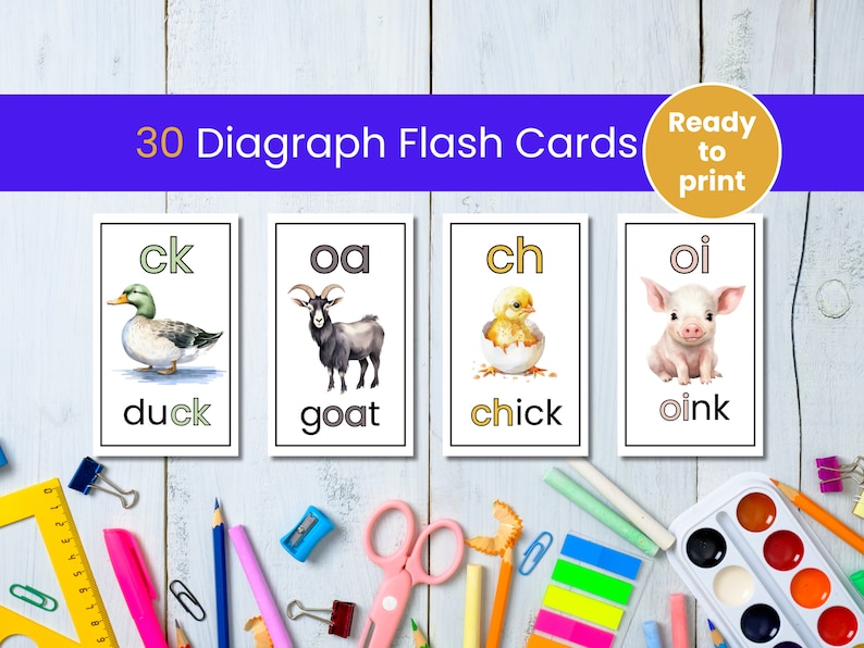 Diagraph Animal Flash Cards, Printable Flash Cards, Kids Educational Cards, Learning Resource ...