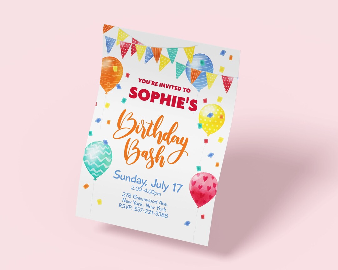 Balloon Girls Birthday Invitation | Birthday Party Invite Template ...