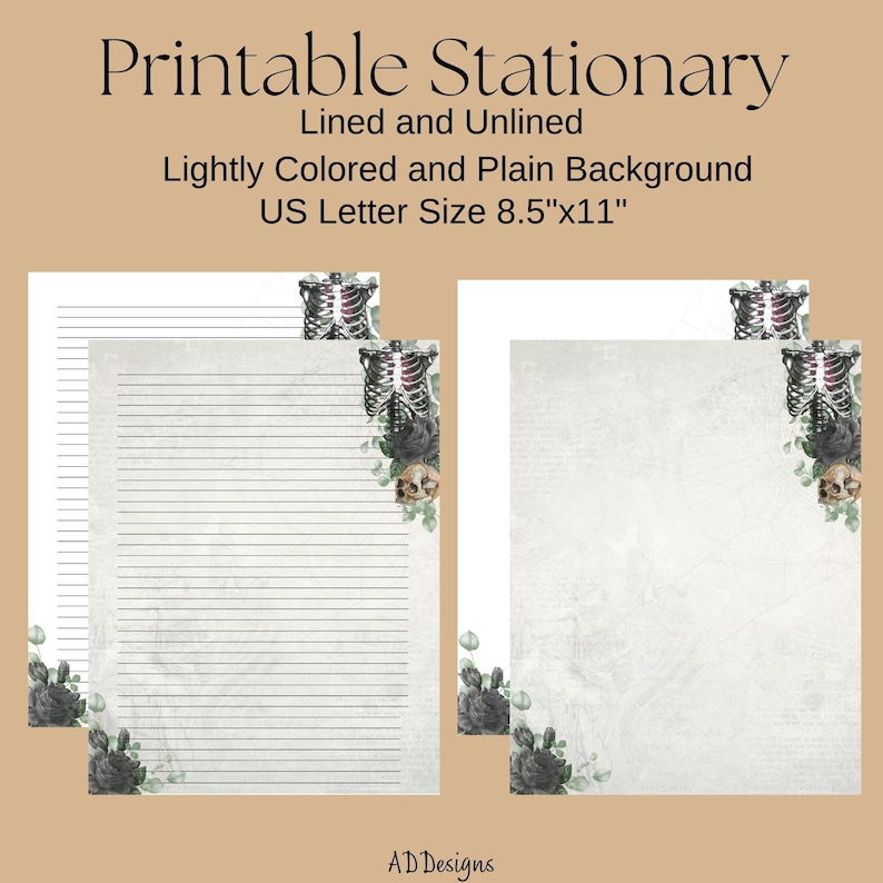 Printable Writing Paper, Skull Stationary Paper, Journal Paper, Gothic ...