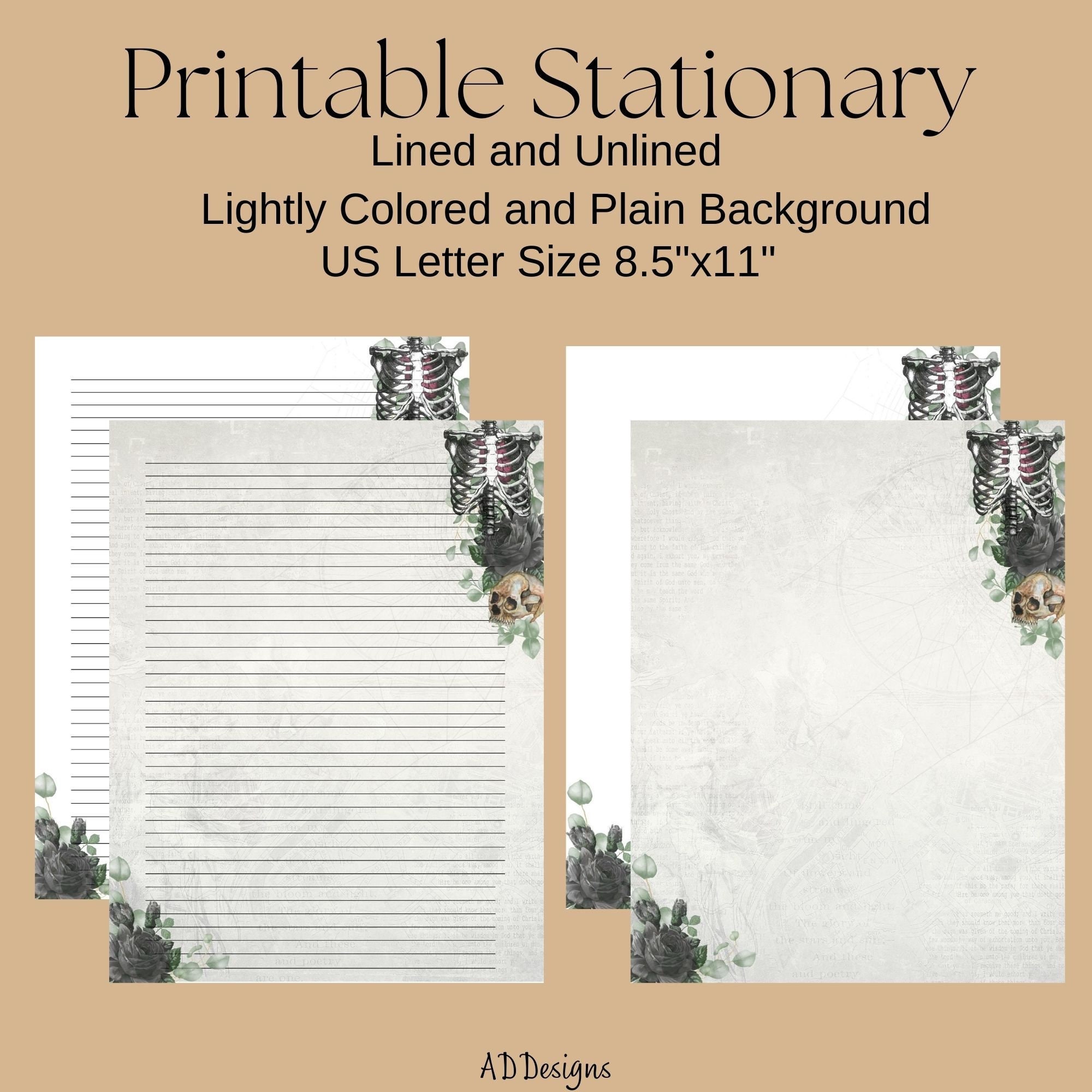 Printable Writing Paper, Skull Stationary Paper, Journal Paper, Gothic ...