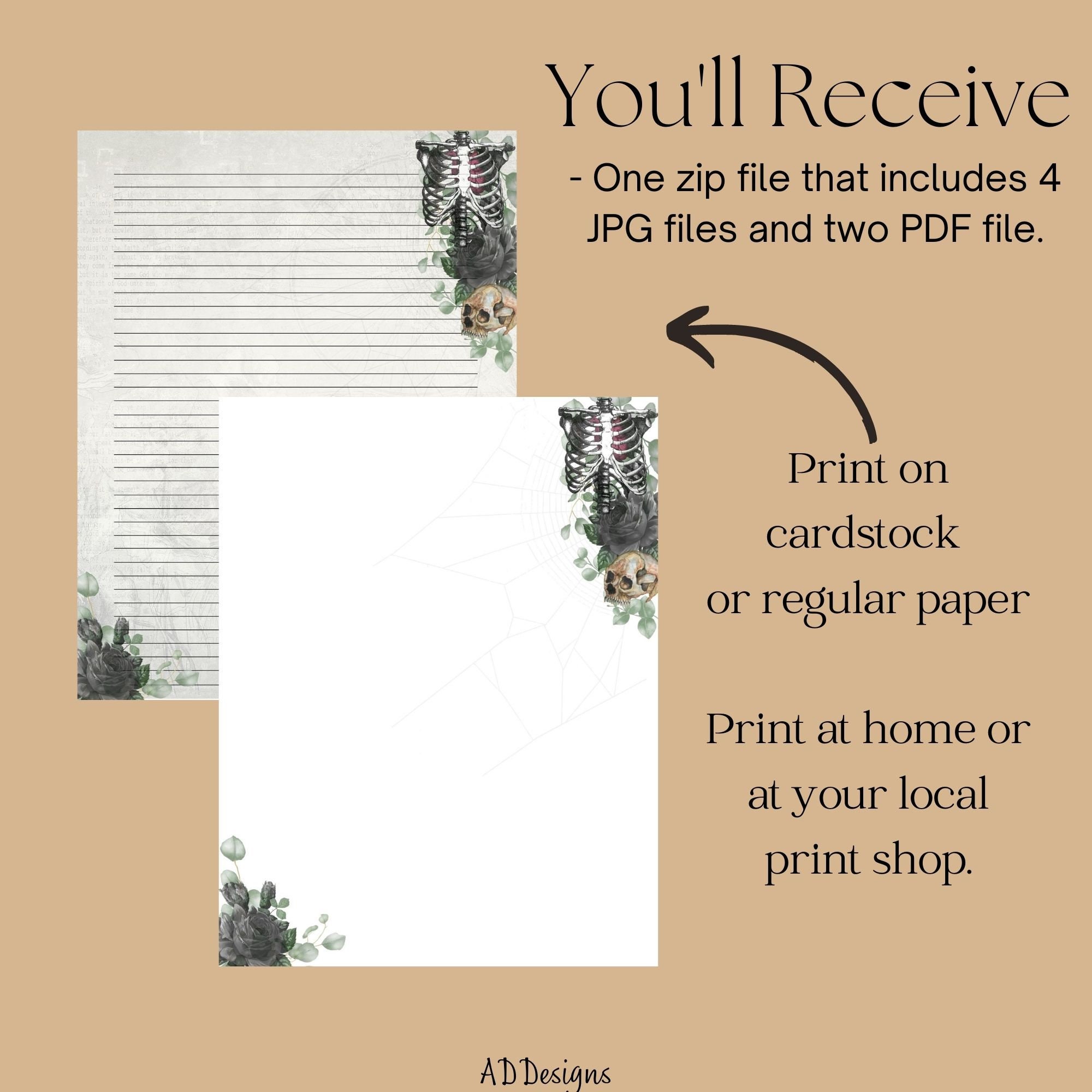 Printable Writing Paper, Skull Stationary Paper, Journal Paper, Gothic ...