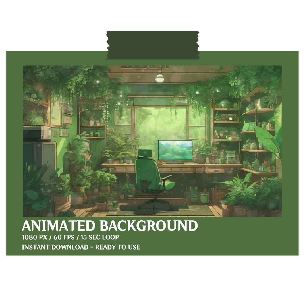 Animated Background - Vtube Asset - Green Lofi Gaming Room With Sparkles and Lots of Plants ...