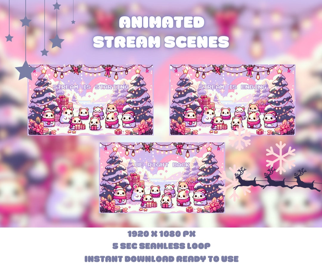 Twitch Overlay Animated Scenes Pixel Art Pink Christmas Hamster Gang ...
