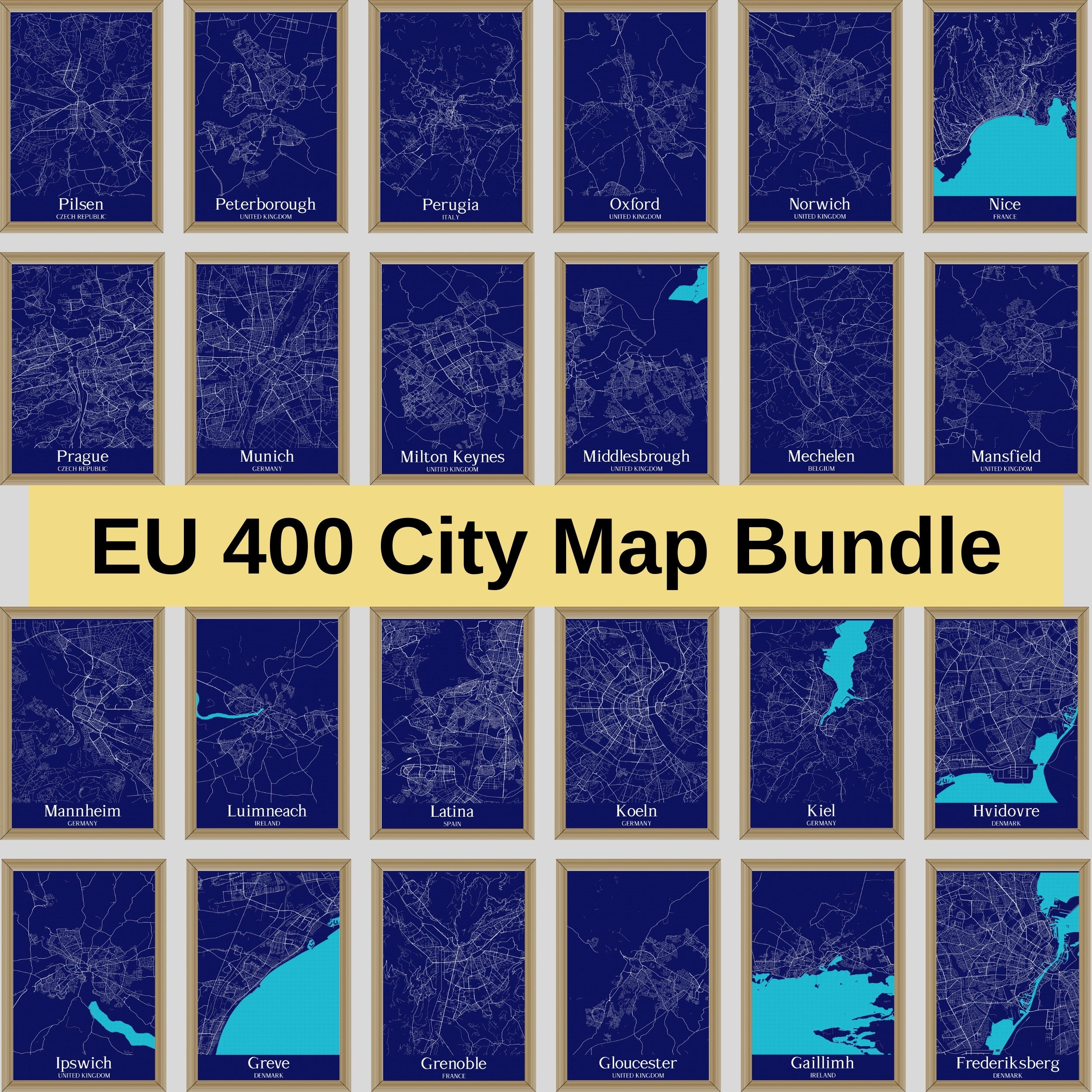 Blue City Map Art, Set of 400 Map, Office Decor Travel Gift Custom Map ...