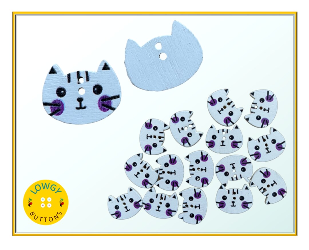 White Wooden Cat Face Buttons With 2 Holes 25mm X 13mm Choice of ...