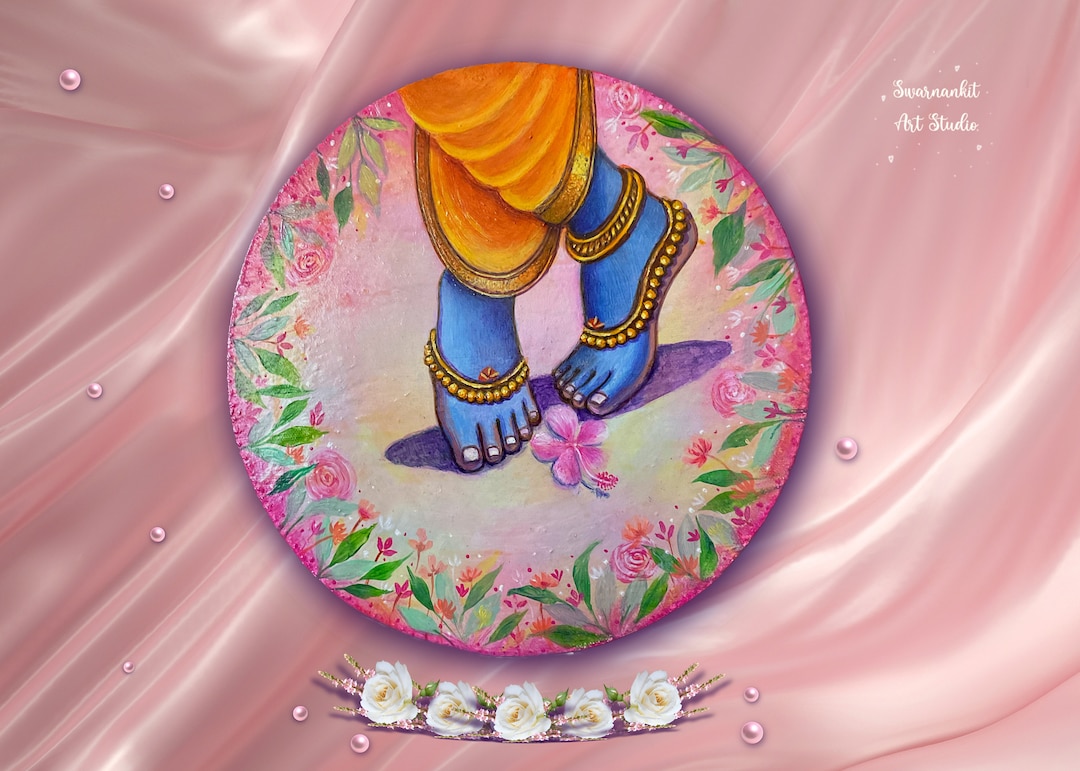 SHRI KRISHNA Lotus Feet Acrylic Painting L 10 Inches Ready to Hang ...