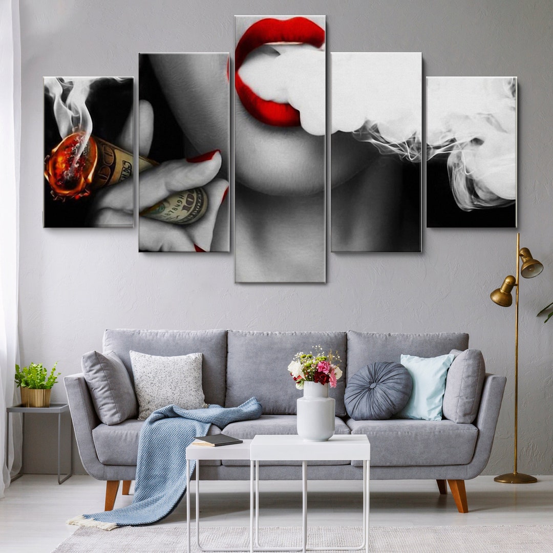 Sexy Red Lips Girl With Cigar 5 Pieces Canvas Wall Art, Large Framed 5 ...