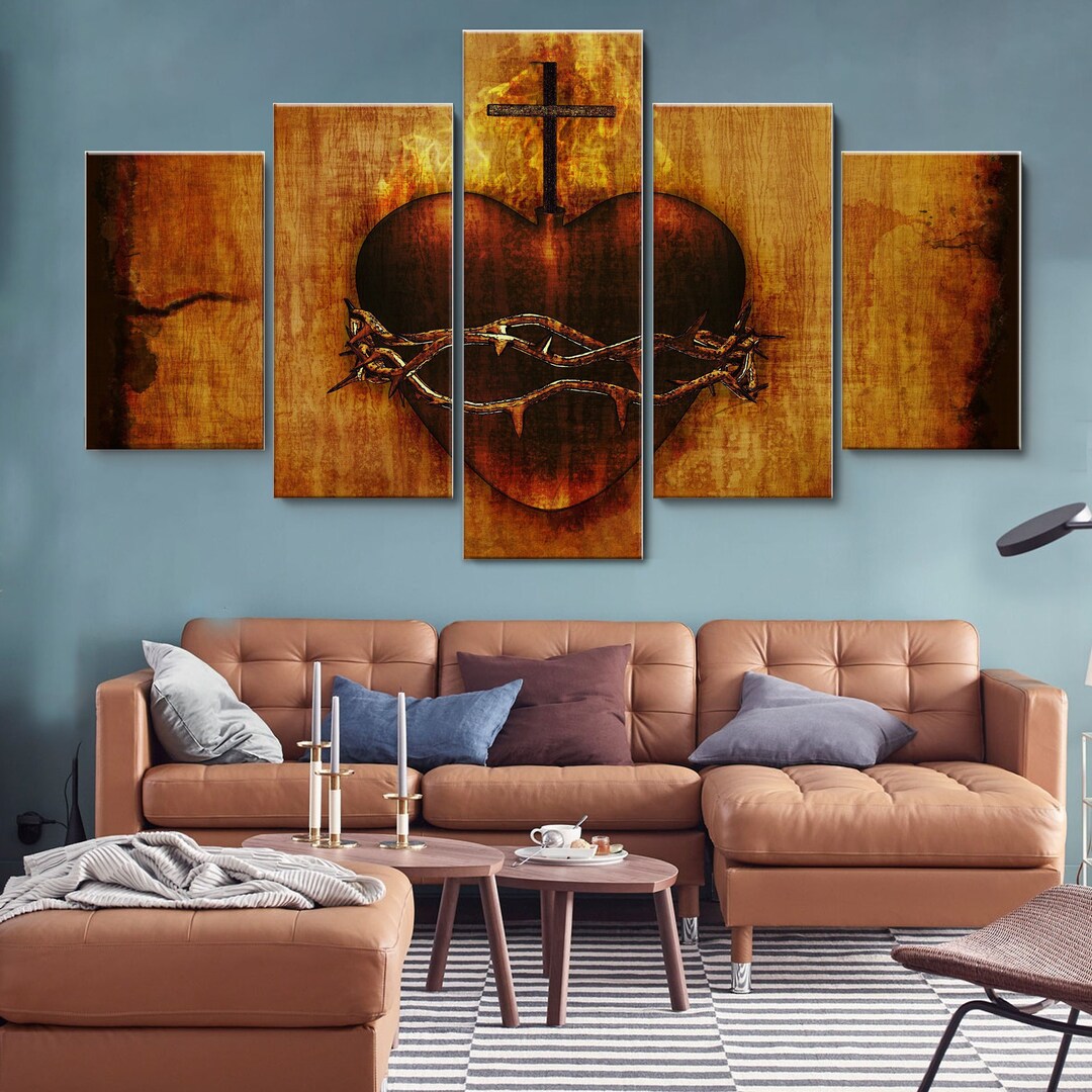Sacred Heart of Jesus on Parchment 5 Pieces Canvas Wall Art, Large ...