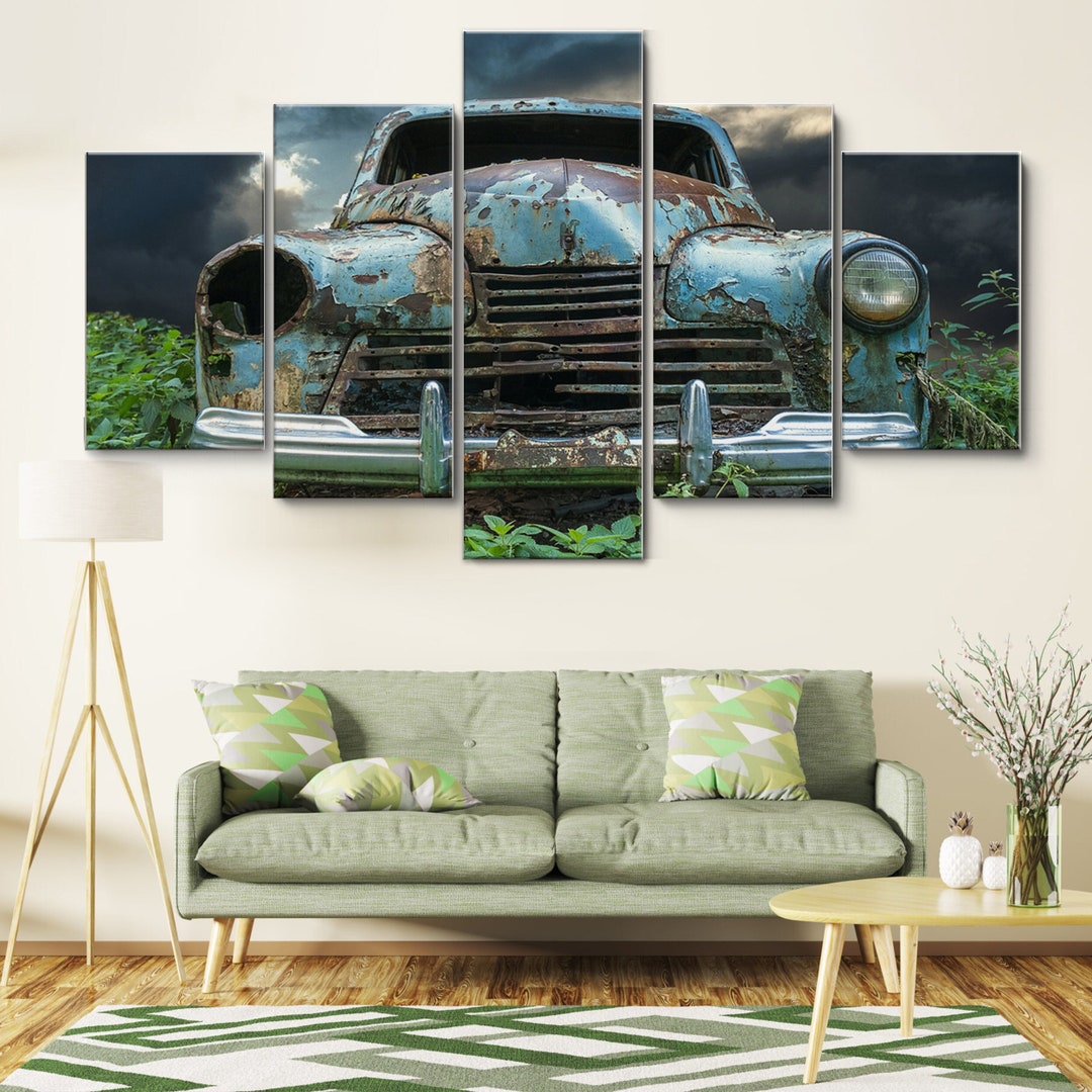 Vintage Rustic Chevy Blue Car 5 Pieces Canvas Wall Art, Large Framed 5 ...