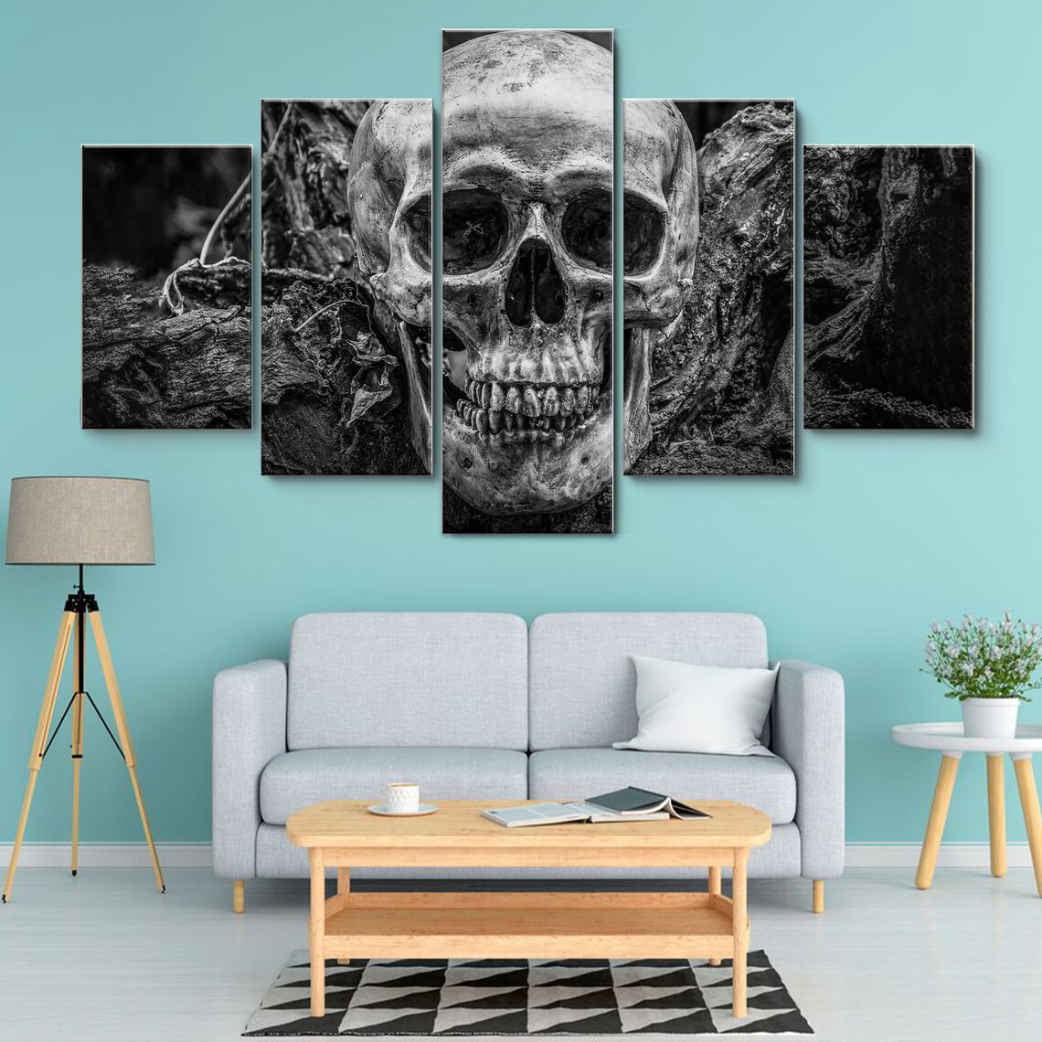 Abstract Skull Black White 5 Piece Canvas Wall Art, Large Framed Wall ...