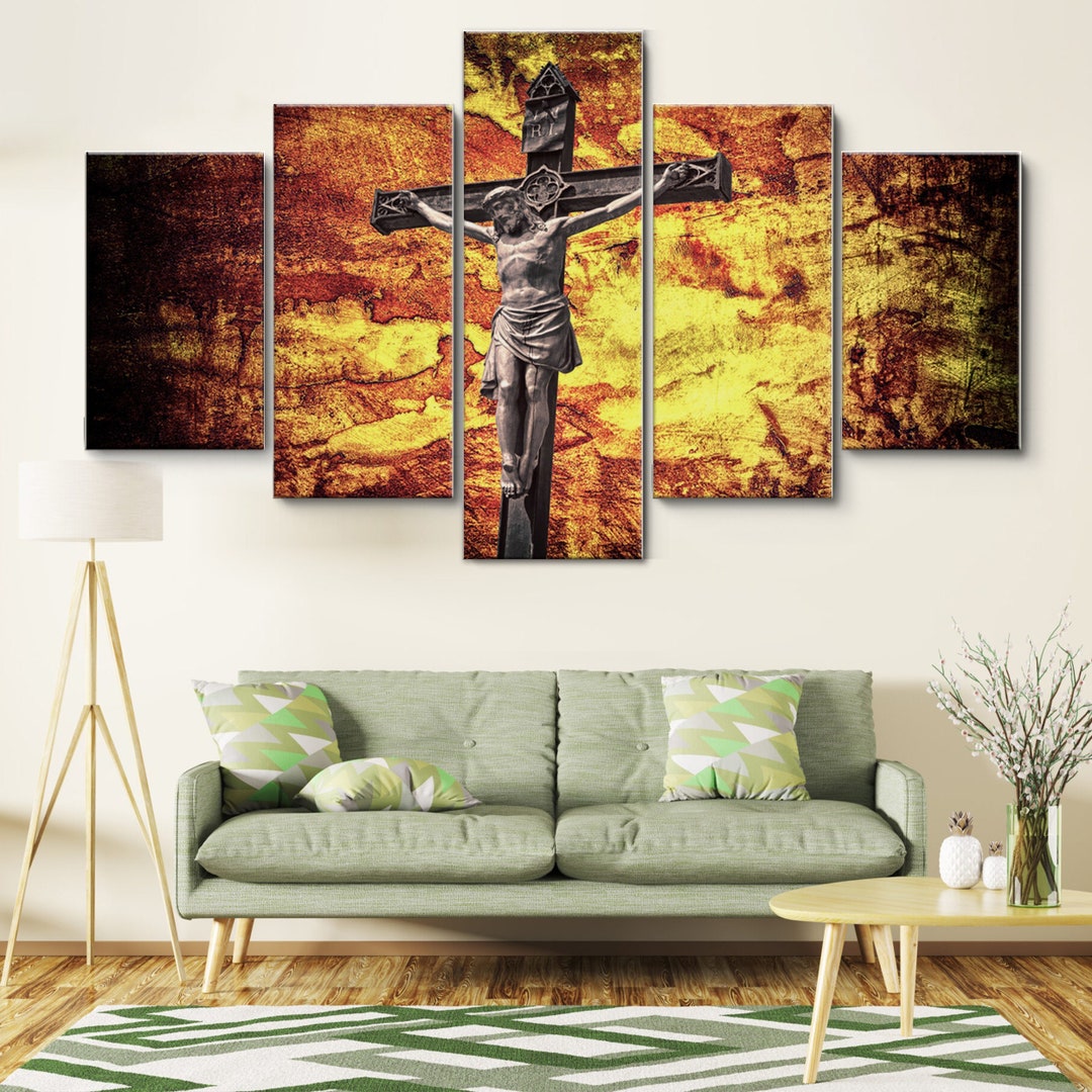 Grunge Crucifixion Jesus Cross 5 Piece Canvas Wall Art, Large Framed ...