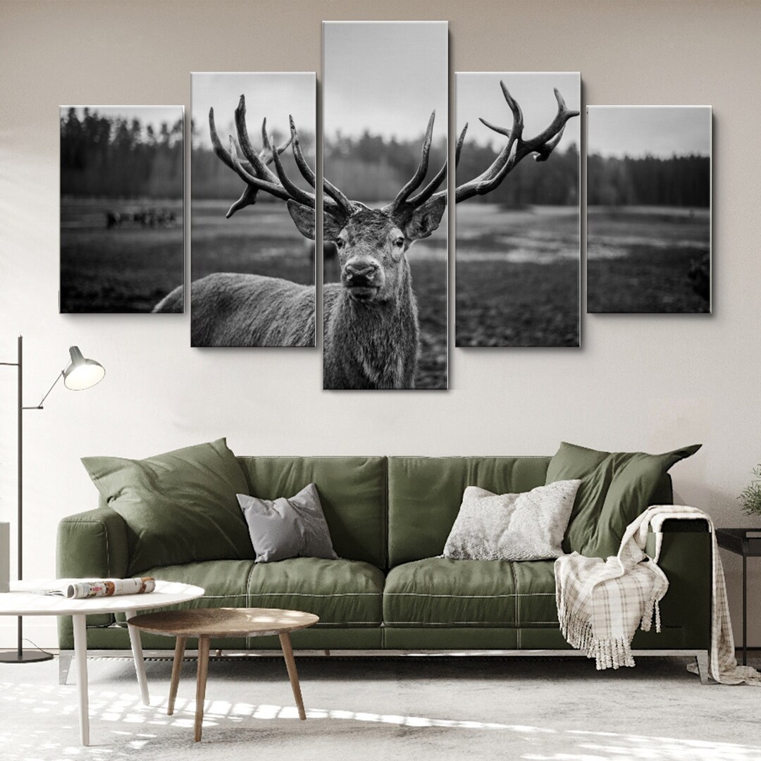 Black and White Deer 5 Piece Canvas Wall Art, Large Framed Wall Art ...